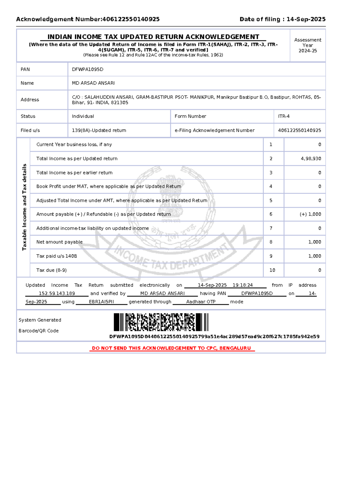 Indian Income Tax Updated Return Acknowledgement - AY 2023-24 - Studocu