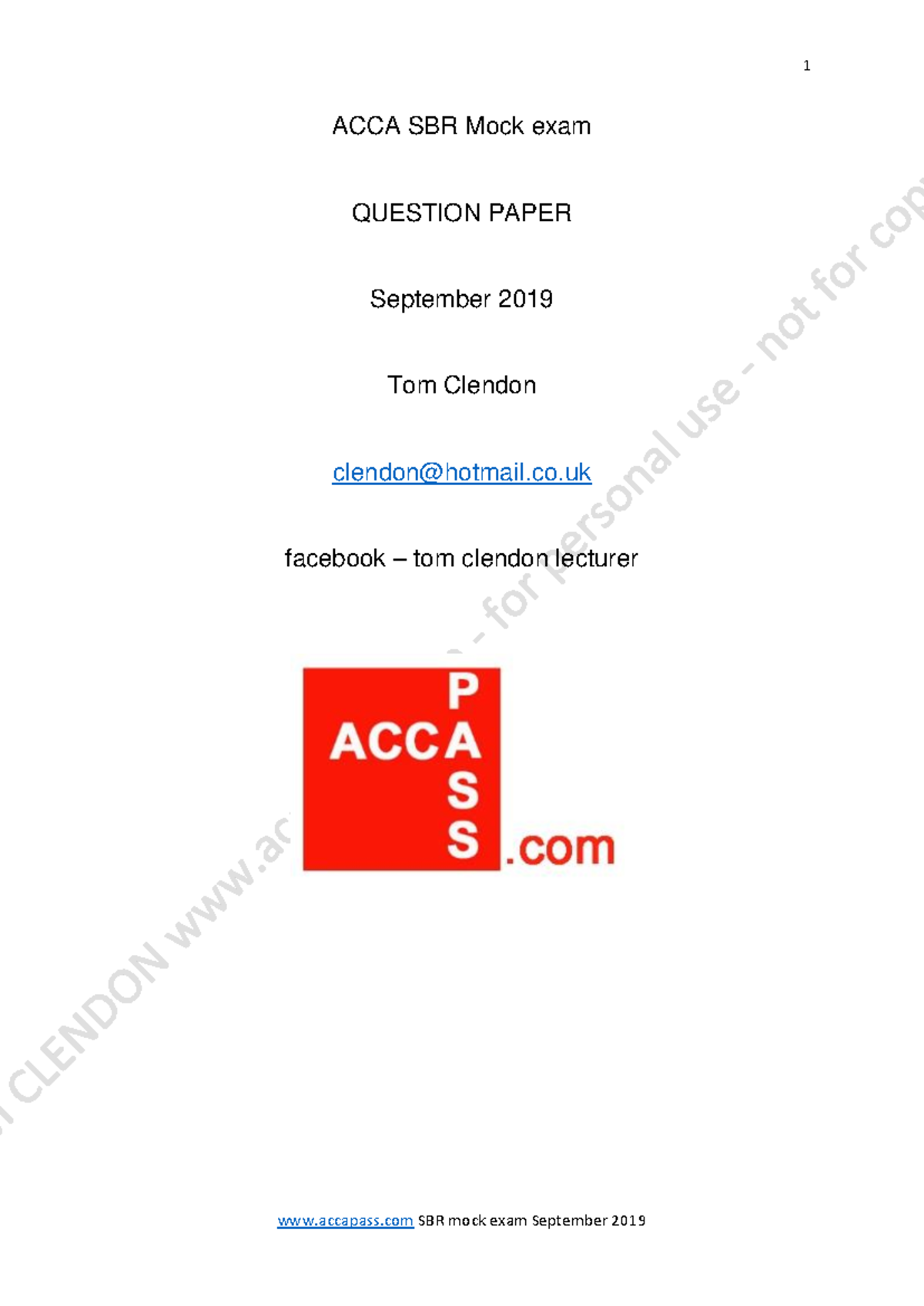 ACCA SBR Mock Exam Question Paper - September 2019 Analysis - Studocu