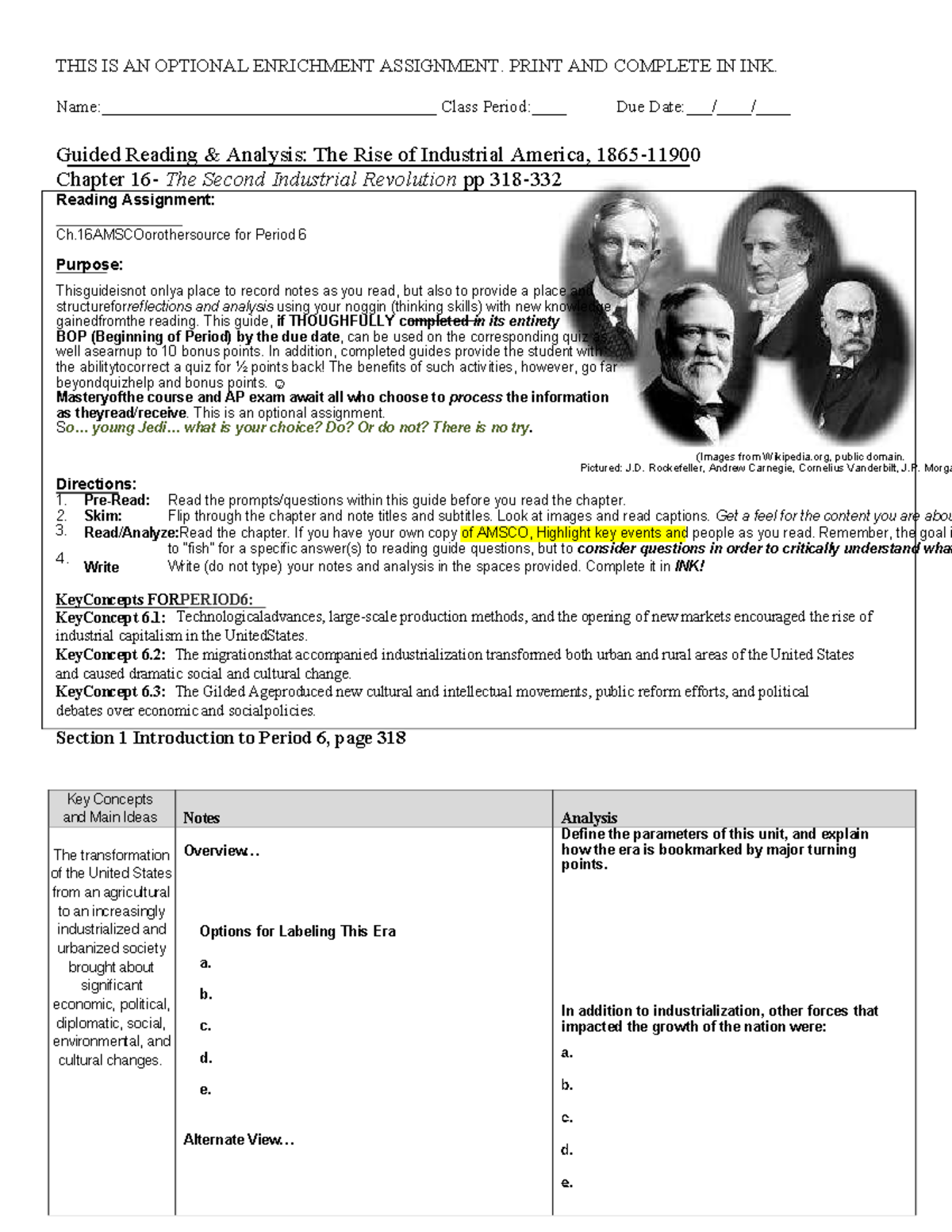 Guided Reading Notes for APUSH Chapter 16: The Rise of Industrial ...