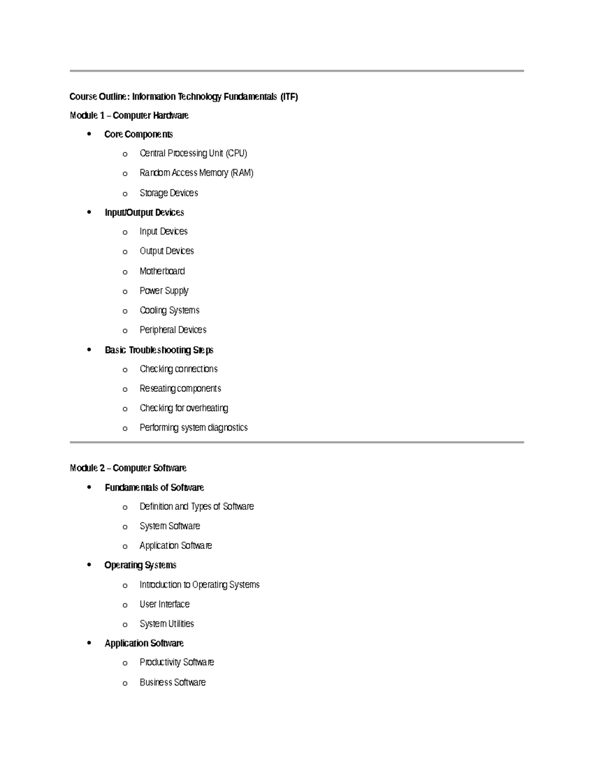 ITF Course Outline: Comprehensive Guide to Computer Hardware & Software - Studocu