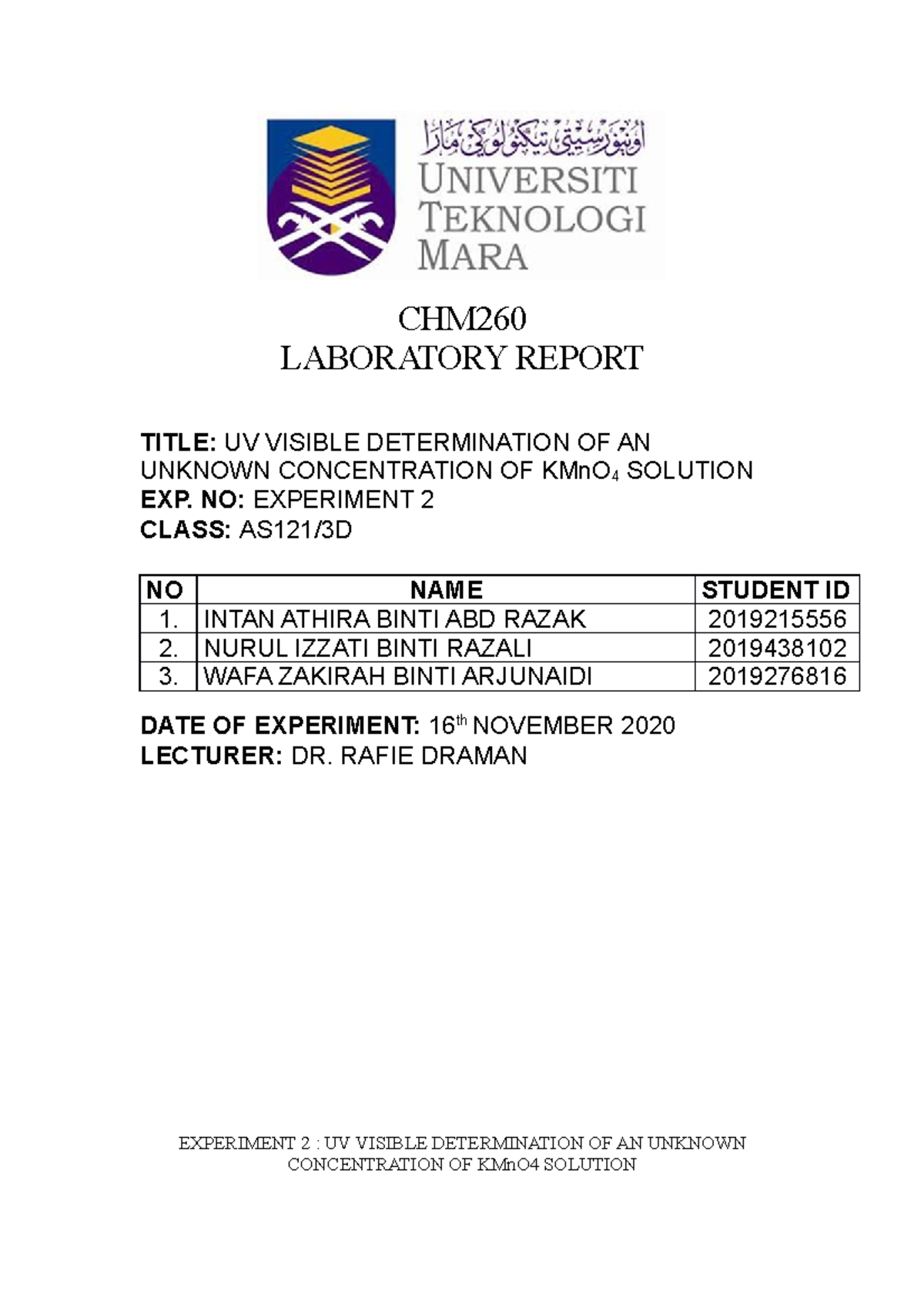 CHM260 LAB Report: UV-Vis Determination of KMnO4 Concentration (Exp 2 ...
