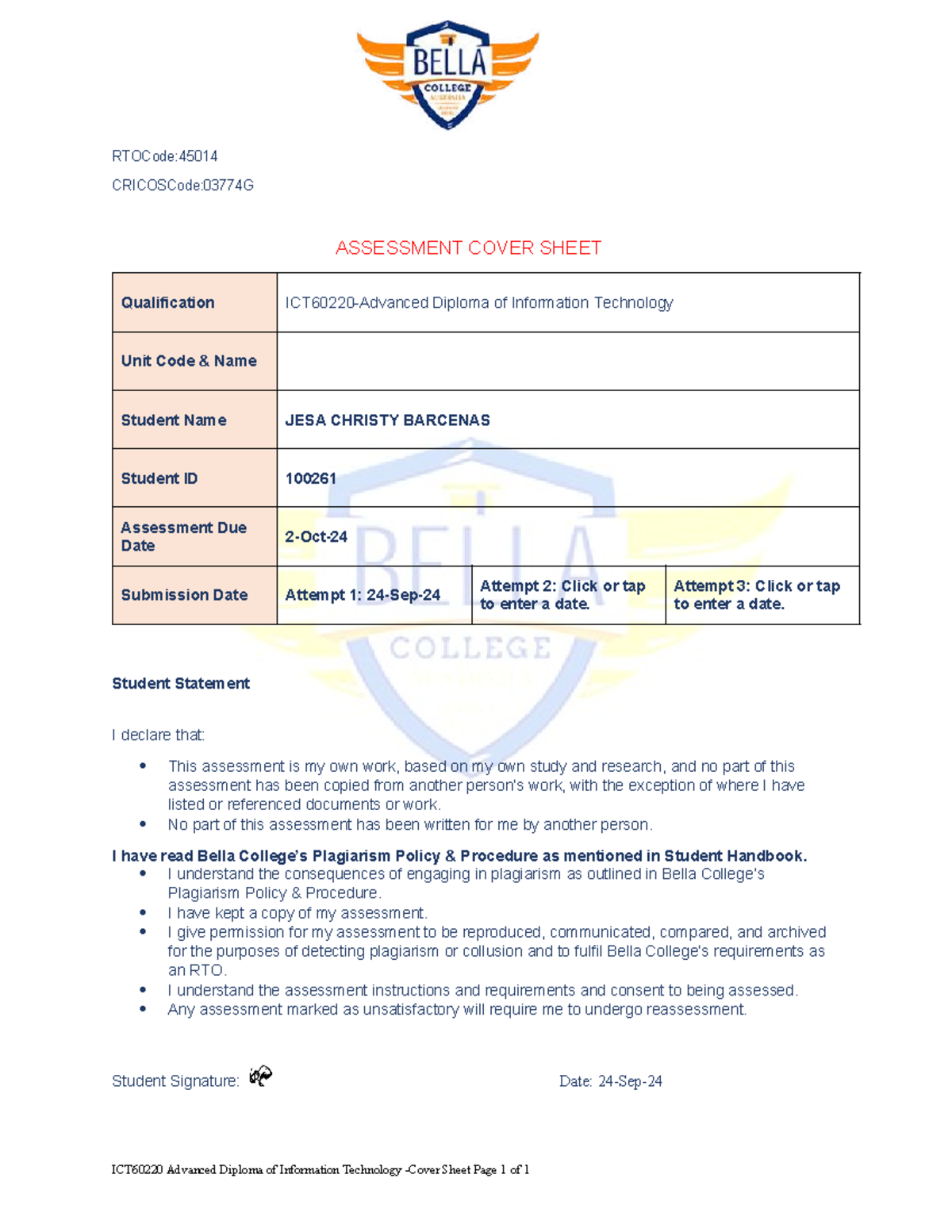 Cover Sheet for ICT60220 Advanced Diploma Assessment - Studocu