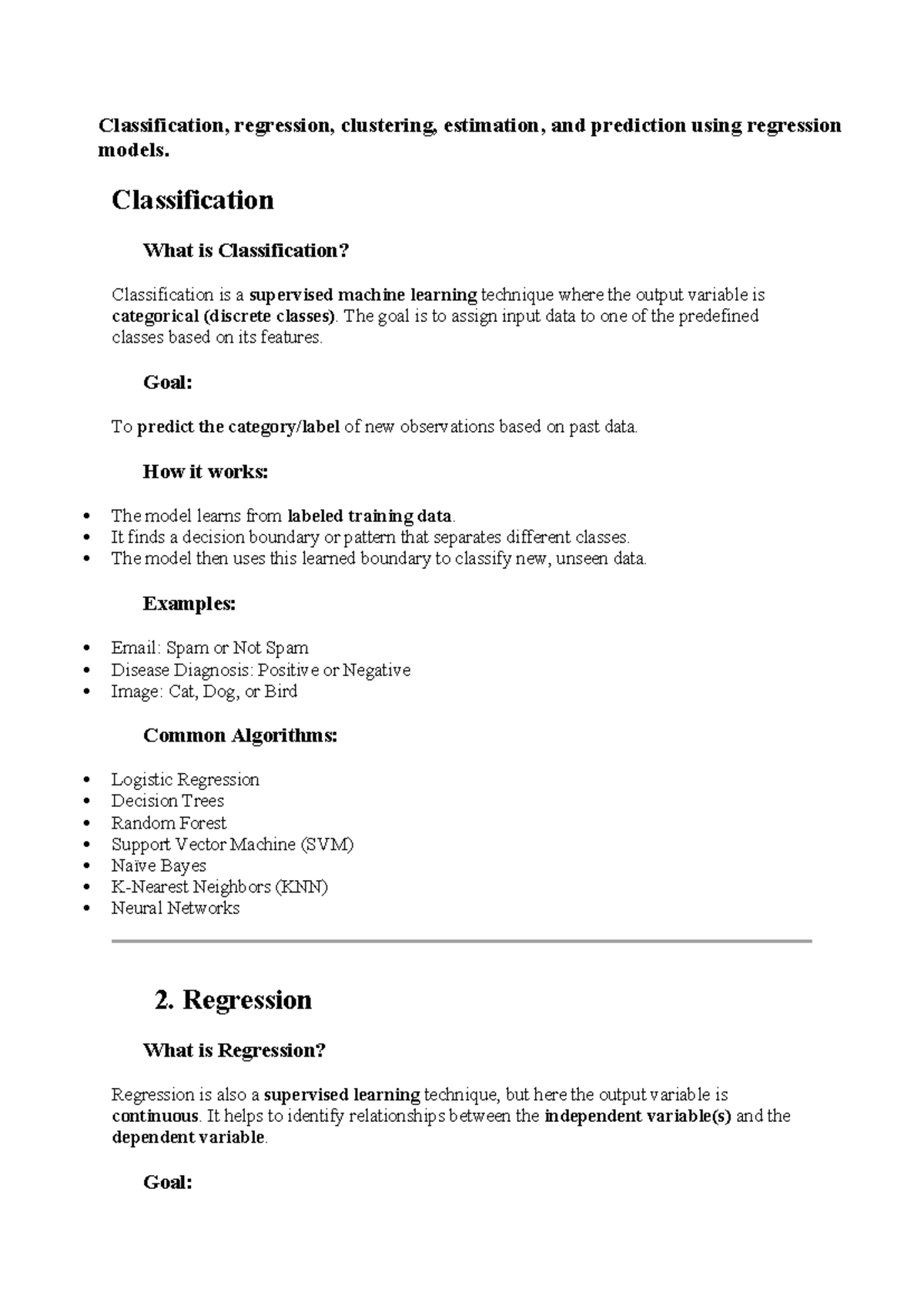 Classification and Regression Models Overview (CS101) - Studocu