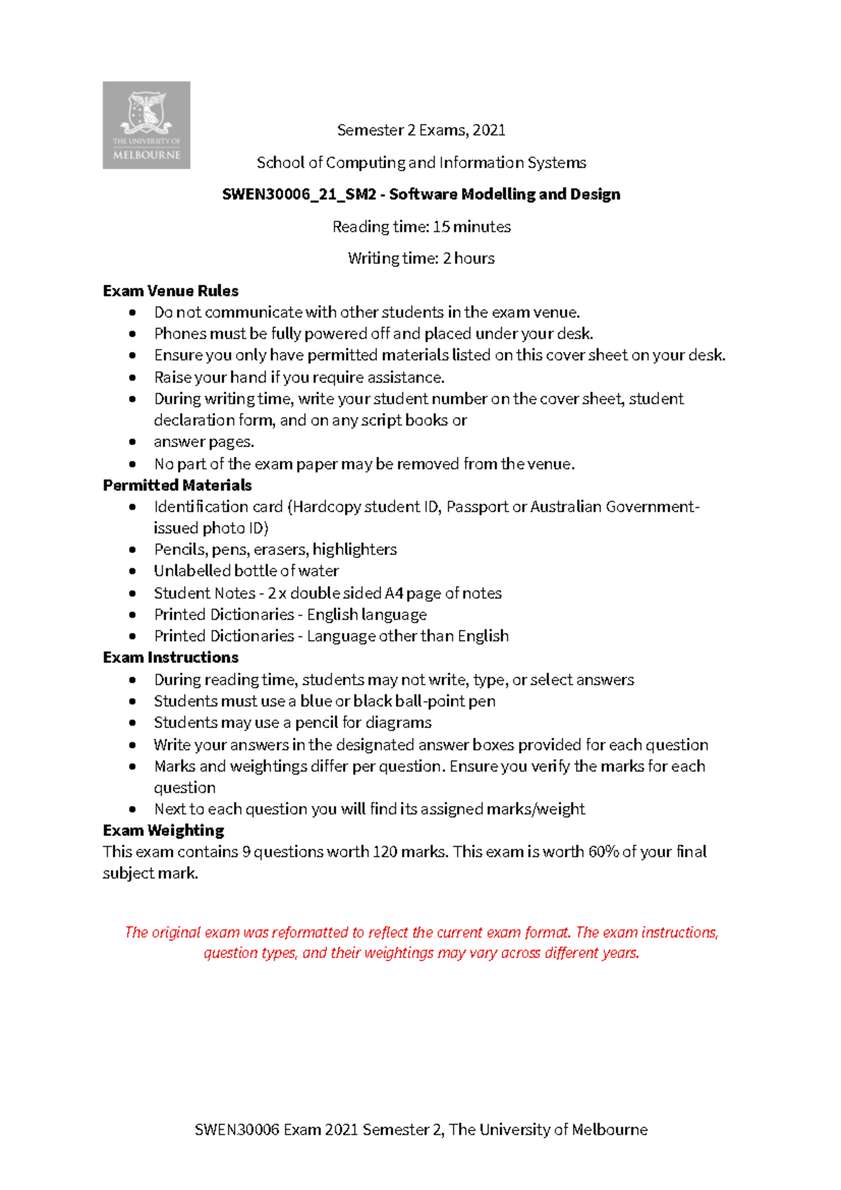2021S2-SWEN30006-Final Exam Guidelines and Instructions - Studocu