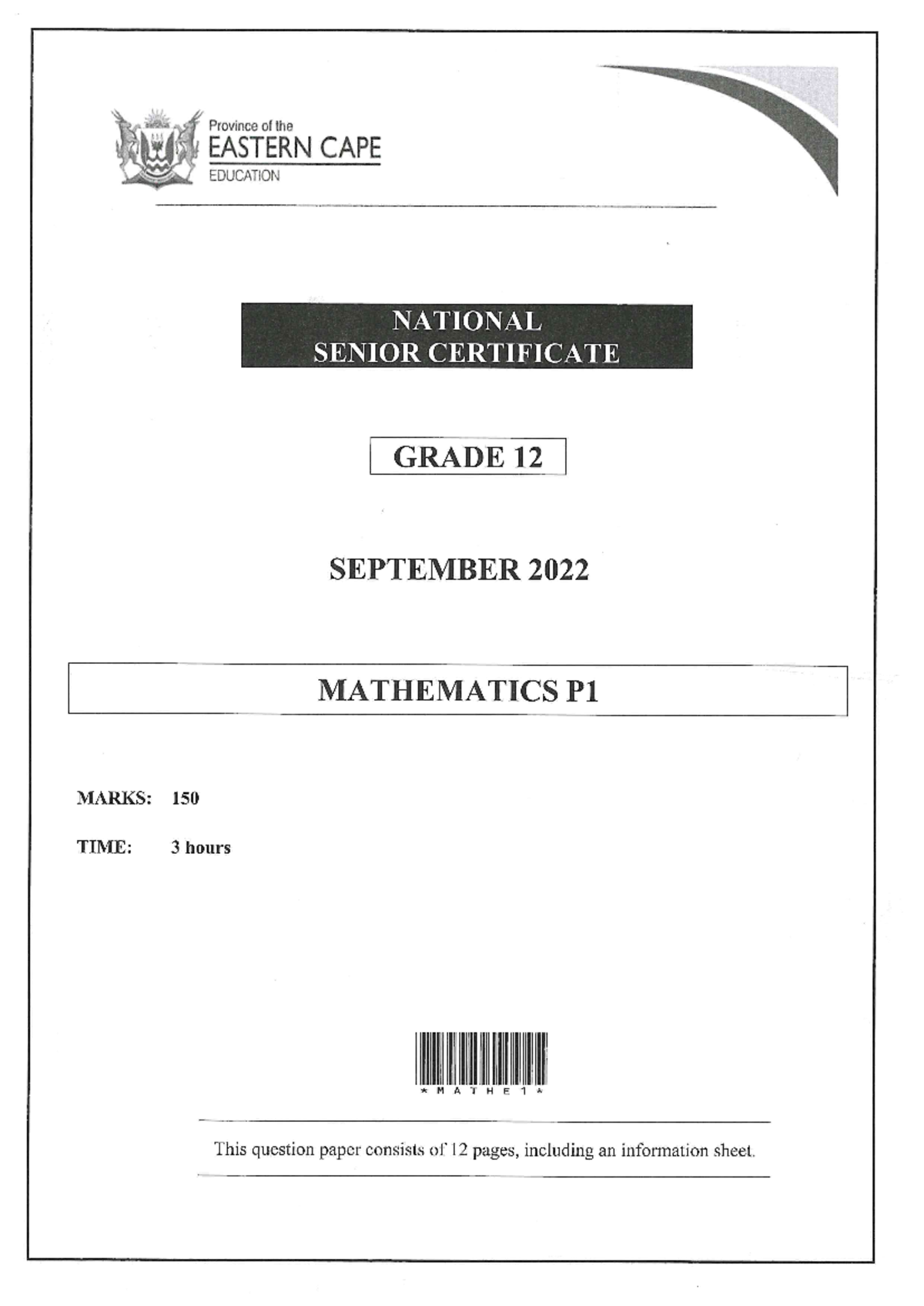 2022 G12 Maths NSC Sept P1 Exam Paper - Eastern Cape - Studocu