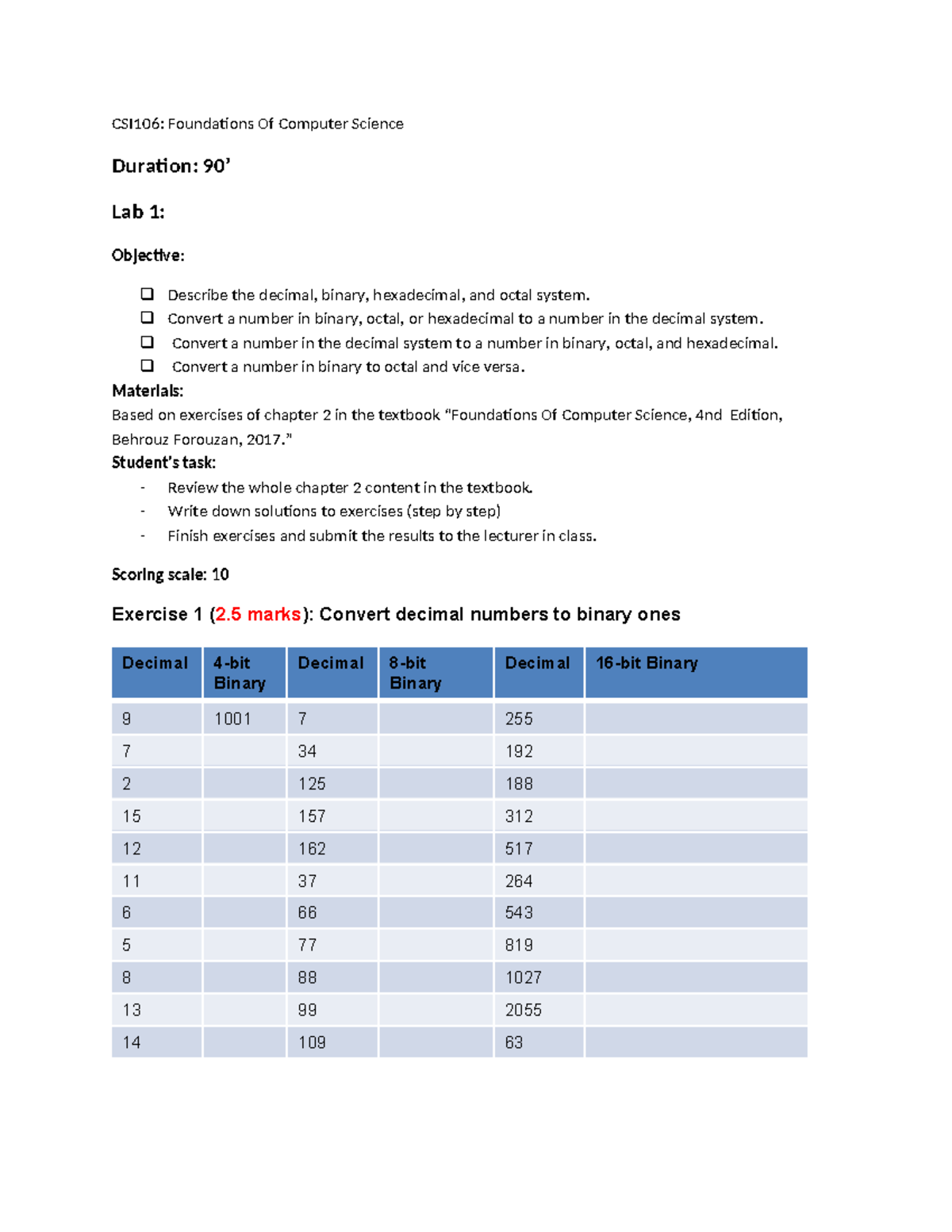 Lab 01 - CSCI106 Number Systems Conversion and Exercises - Studocu