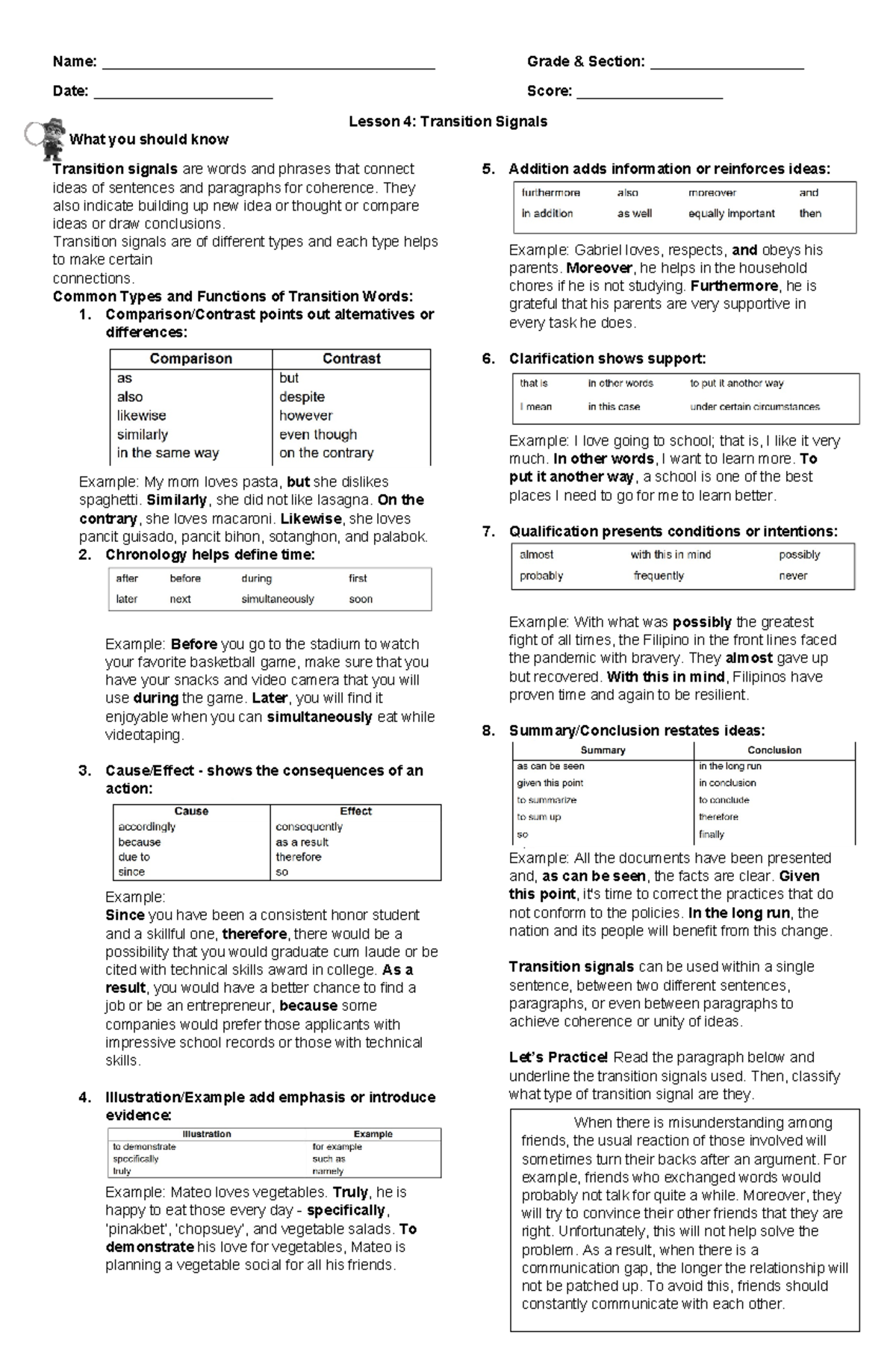 Lesson 4 & 5: Transition Signals and Emotional Response Worksheet - Studocu