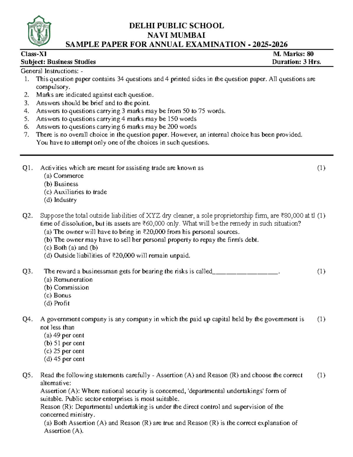 DPS Navi Mumbai Business Studies Annual Exam Sample Paper (M. Marks: 80 ...