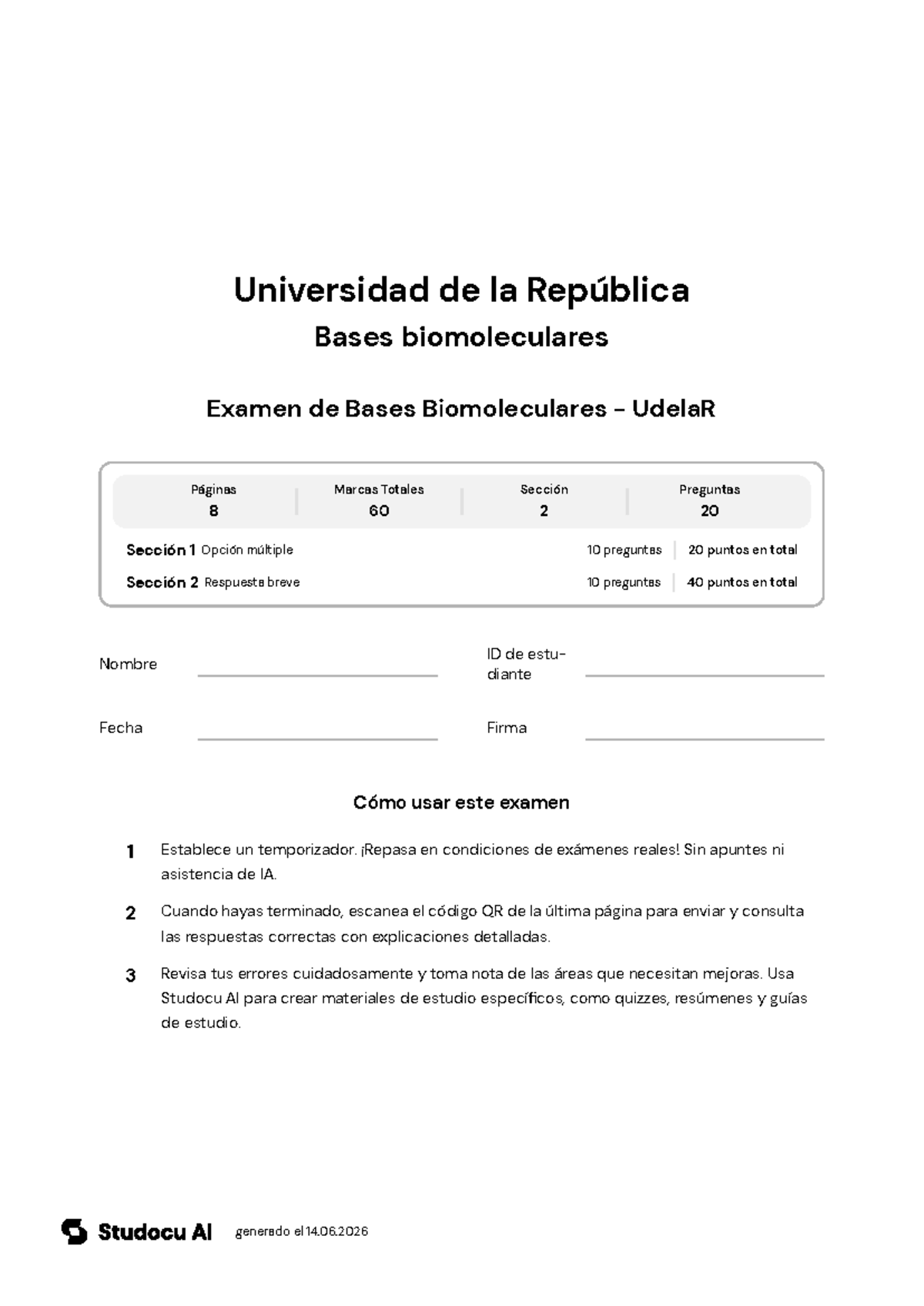 Examen Final de Bases Biomoleculares - UdelaR - Studocu