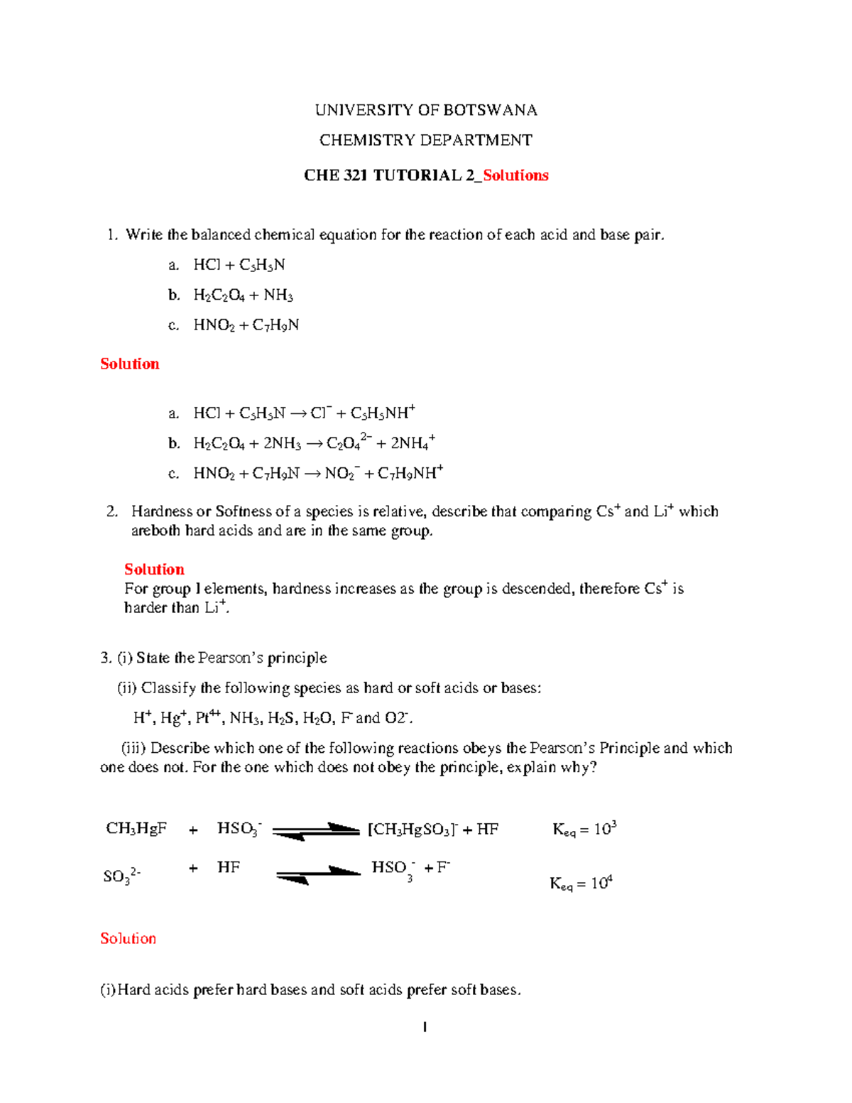 CHE 321 Tutorial 2 Part B 2023 Solutions and Chemical Reactions - Studocu