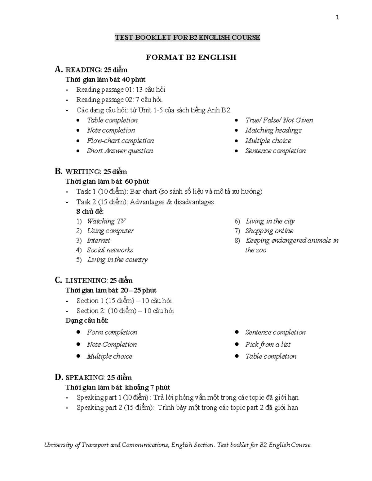B2 English Course Test Booklet - Reading, Writing, Listening, Speaking ...
