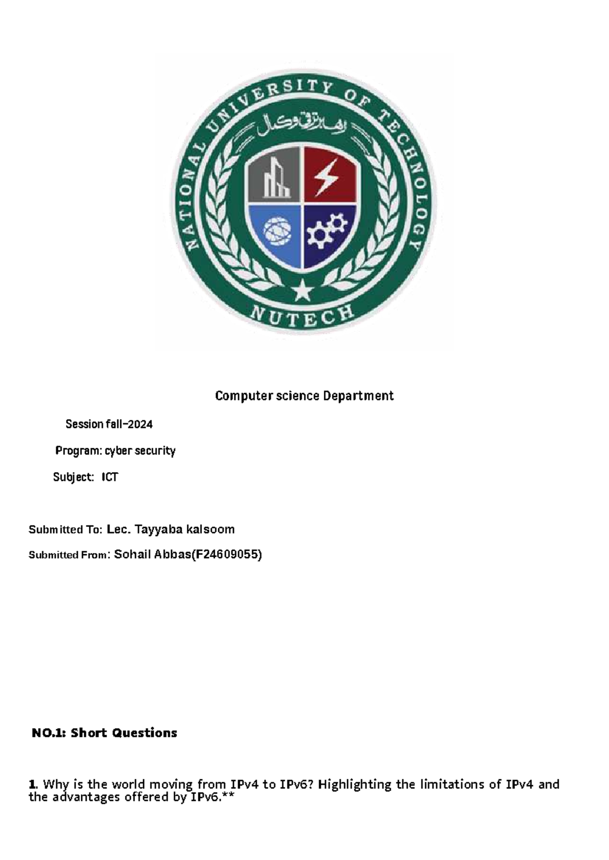 ICT 101: Cyber Security Short Questions & Computer Classification - Studocu