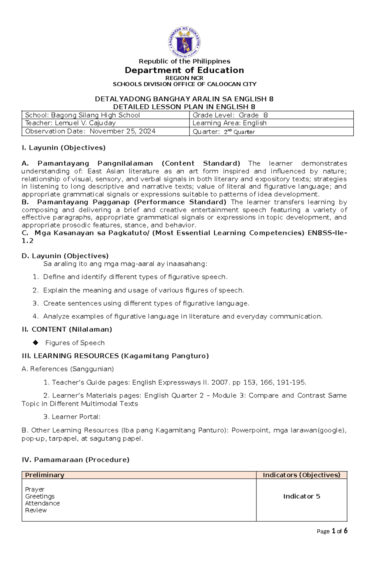 Detailed lesson plan - Republic of the Philippines Department of ...