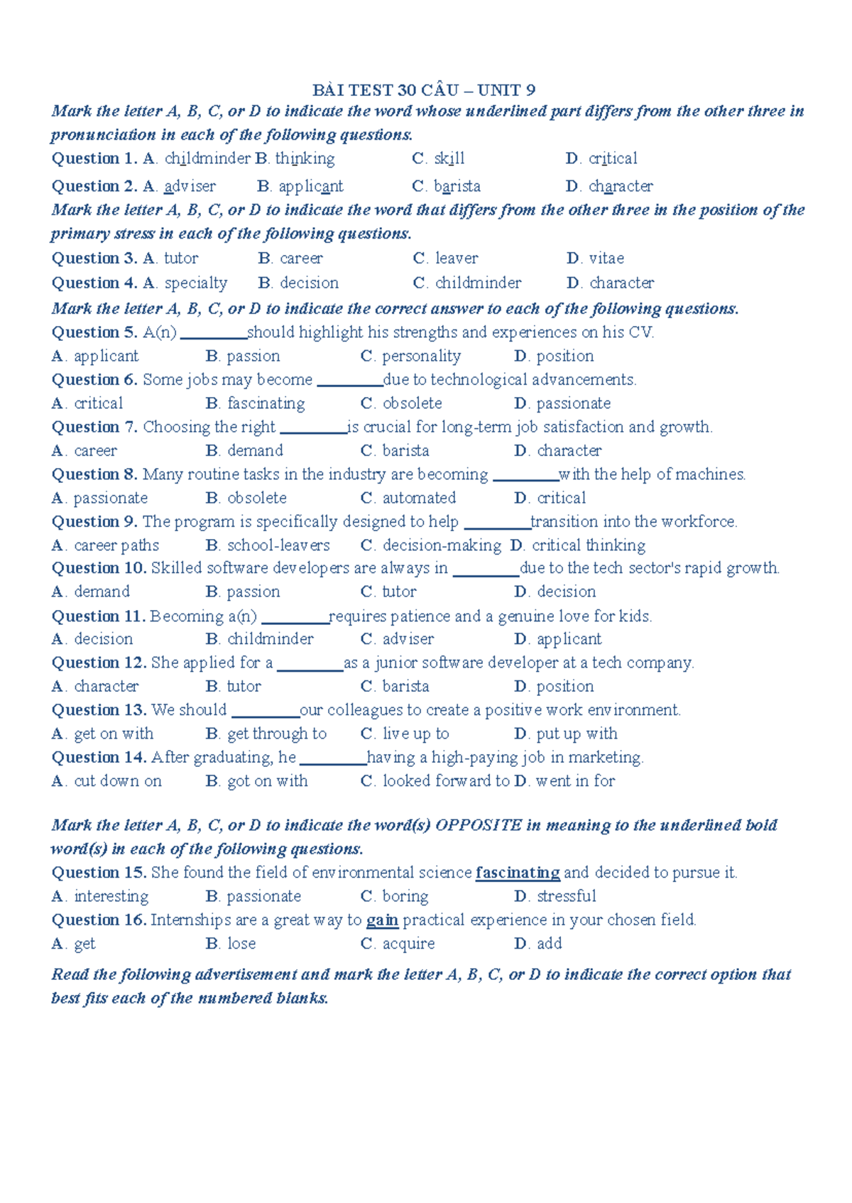 9.6. (HS) UNIT 9 Vocabulary and Practice Test - E12U9 - Studocu