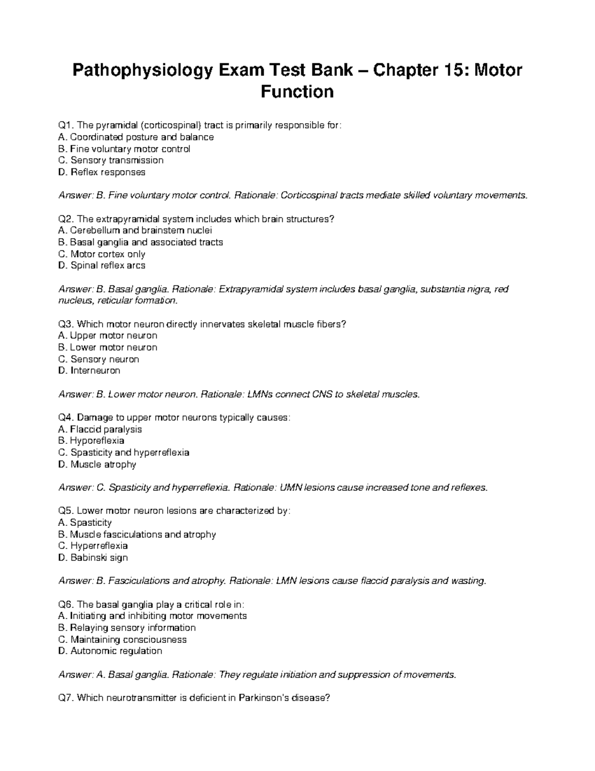 Pathophysiology Exam Test Bank: Motor Function Q1-Q13 (Ch 15) - Studocu