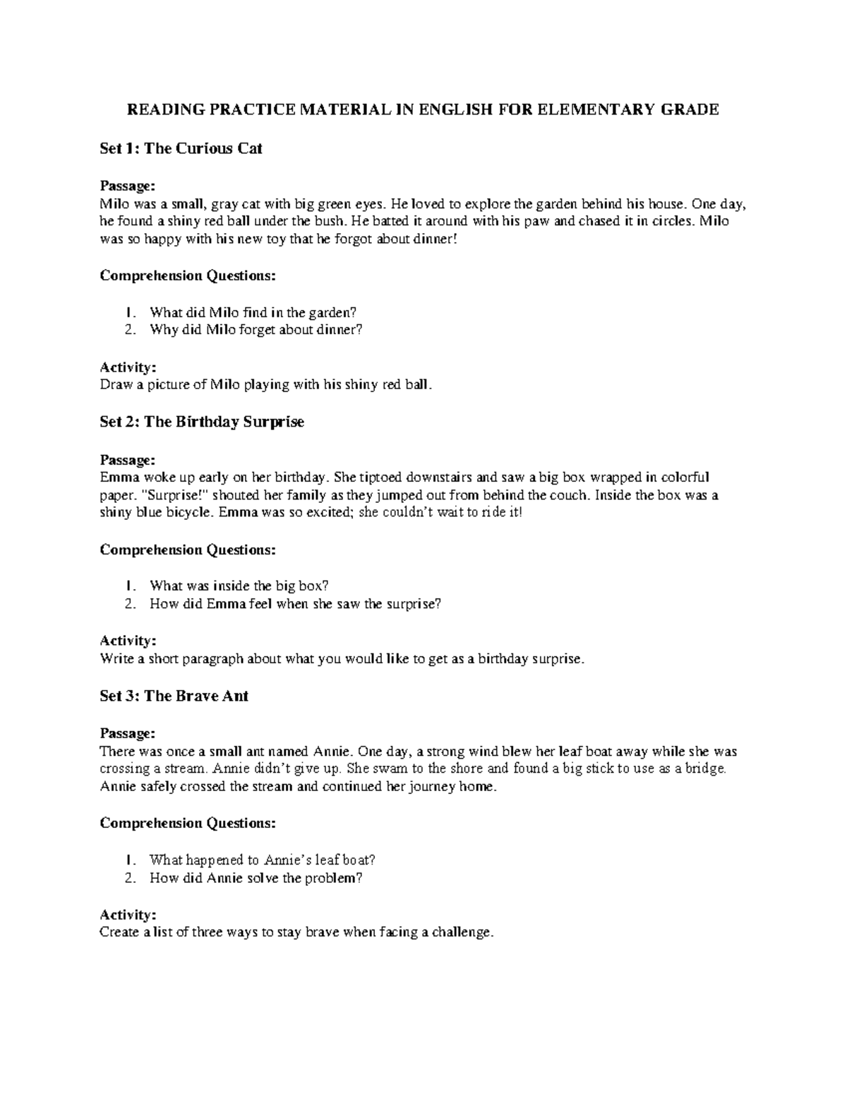 Reading Practice Material for Elementary Grade: Fun Comprehension Sets ...