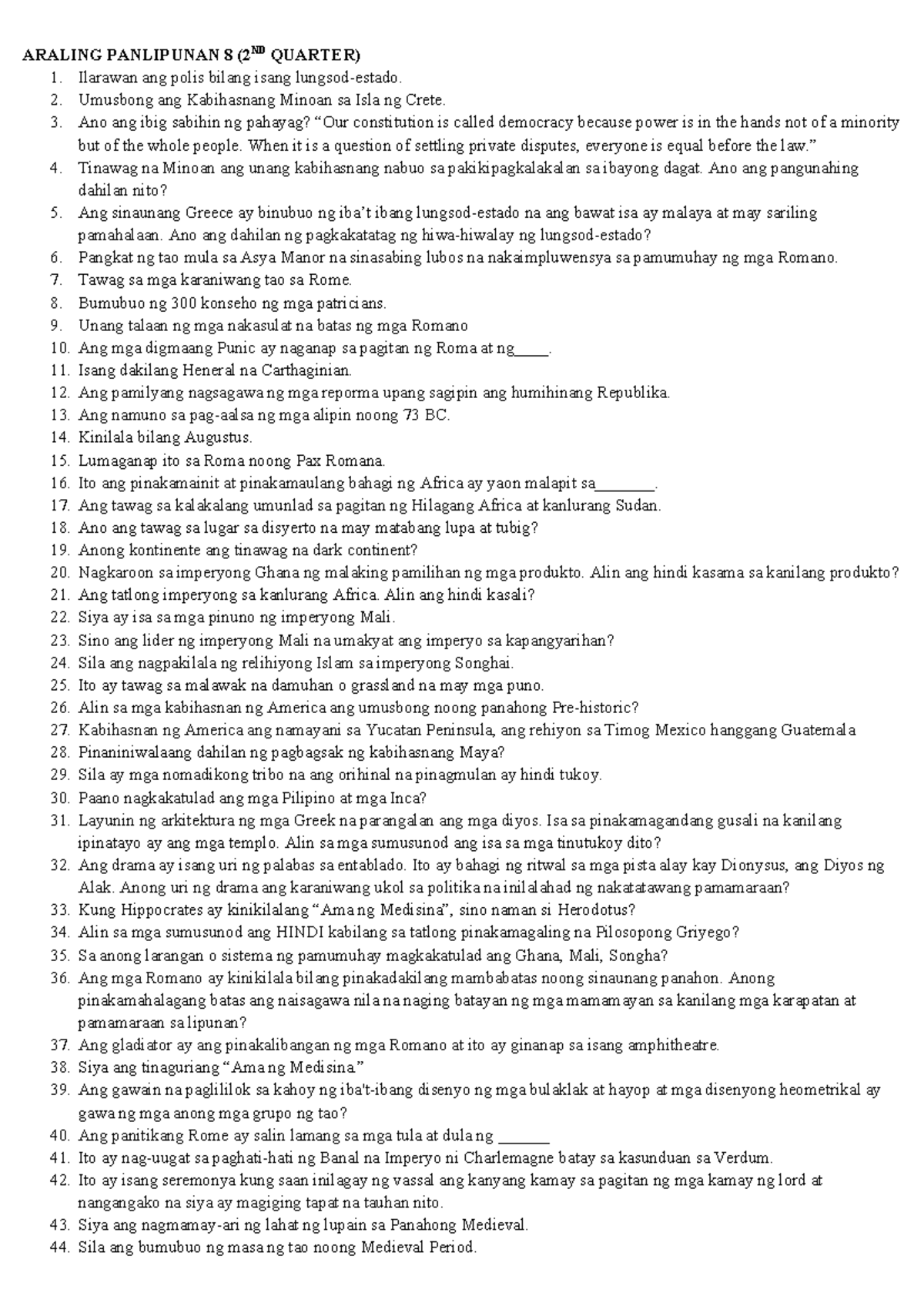 ARALING PANLIPUNAN 8 (2ND QUARTER) - Mga Pointers at Katanungan - Studocu