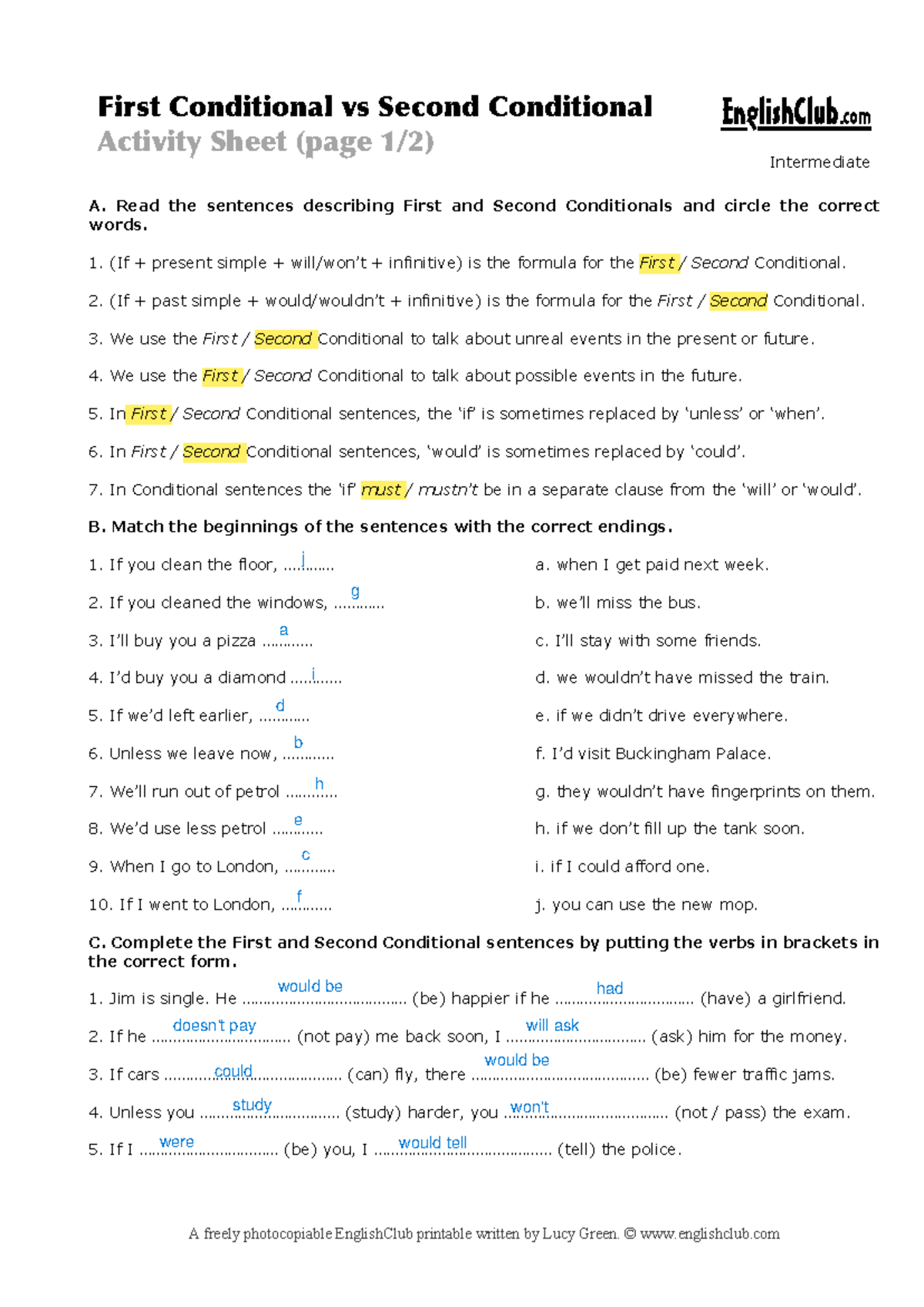 1st vs 2nd Conditional Activity Sheet for English Club - Studocu