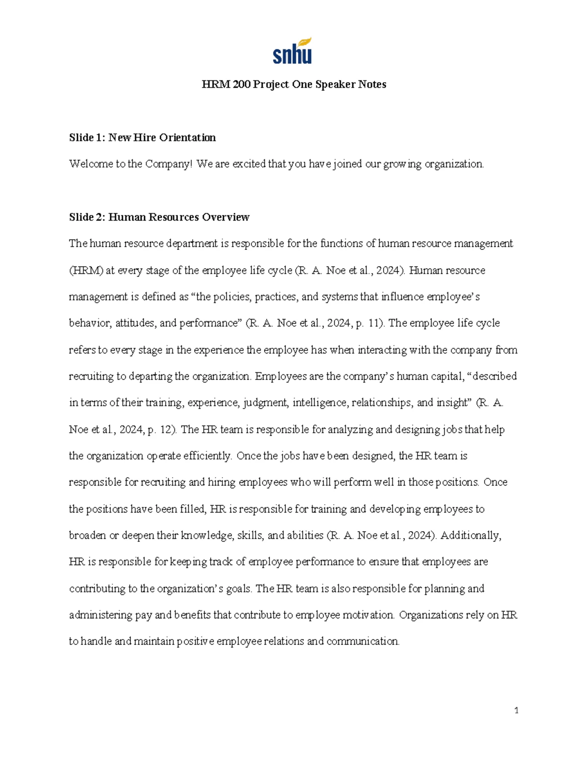 HRM 200 Project One Speaker Notes: New Hire Orientation Overview - Studocu