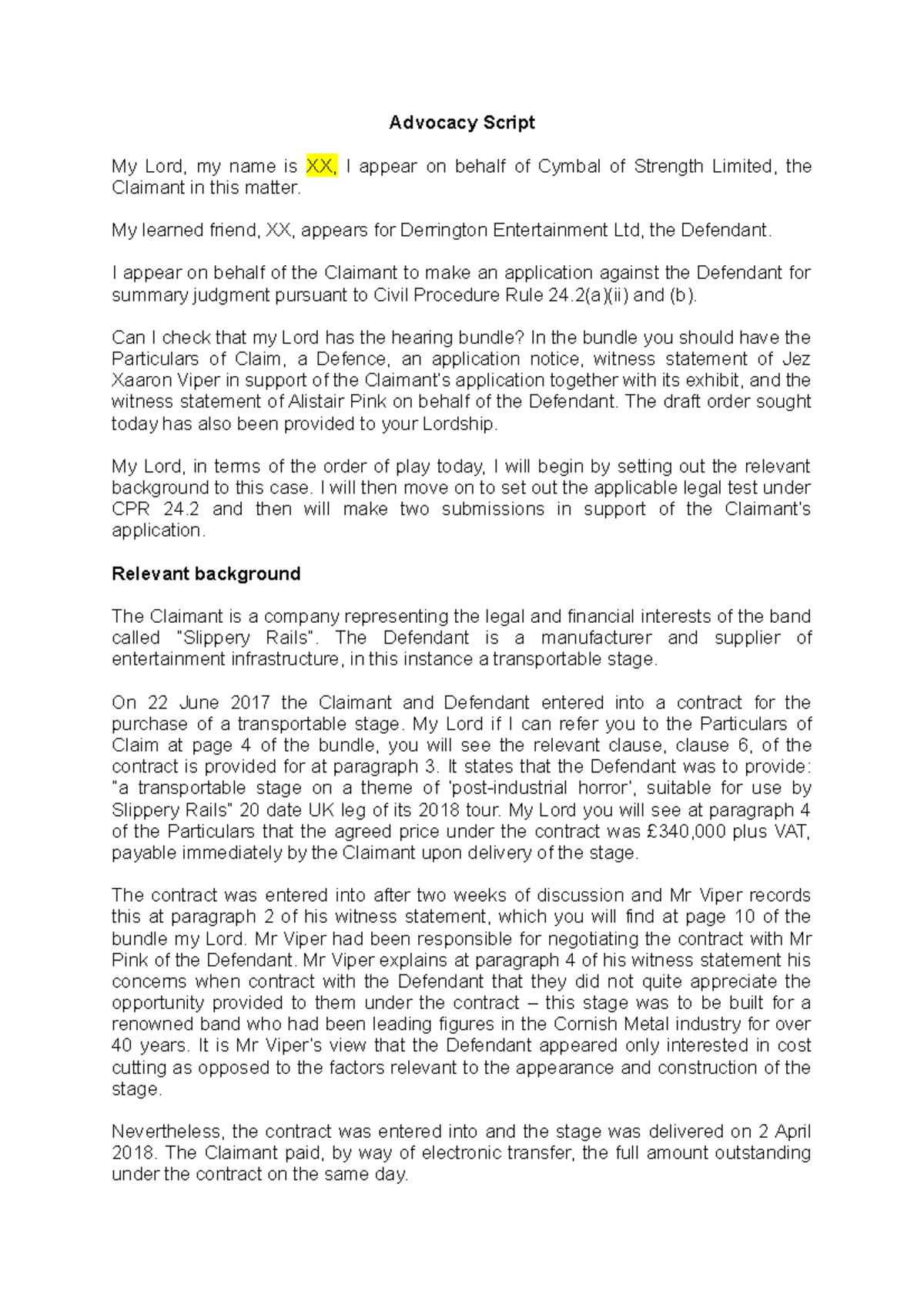 Final Exam Advocacy Script for Contract Law (LAW 301) - Studocu