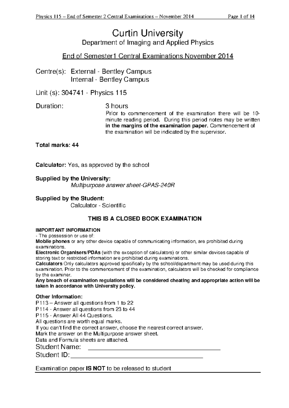 Physics 115 End of Semester 2 Central Exam November 2014 - Full Paper ...