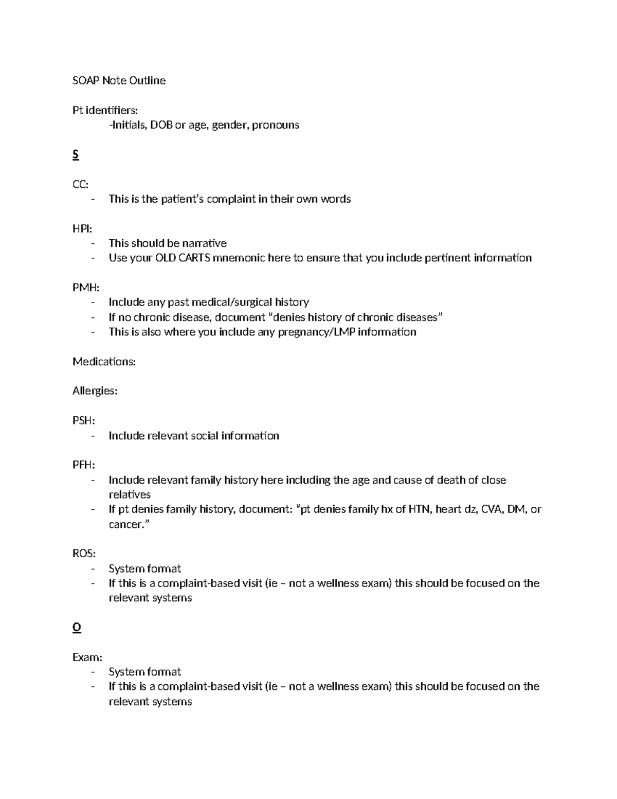SOAP Note Outline - SOAP notes - SOAP Note Outline Pt identifiers ...