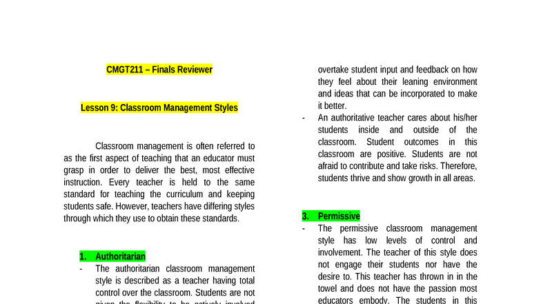 CMGT211 Finals Reviewer: Classroom Management Styles & Ethics - Studocu