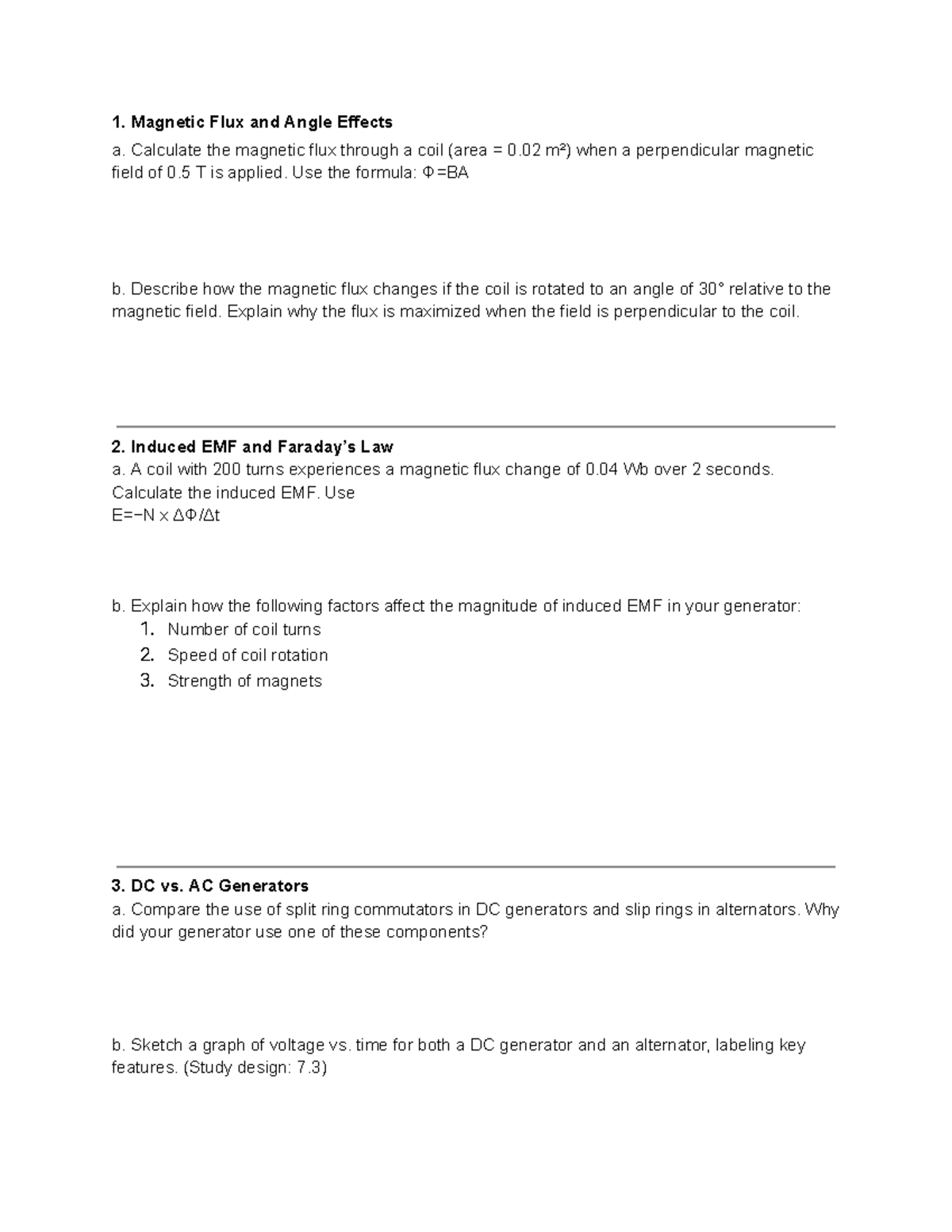 Physics Practice Write-Up Questions: Magnetic Flux, EMF, and Generators ...