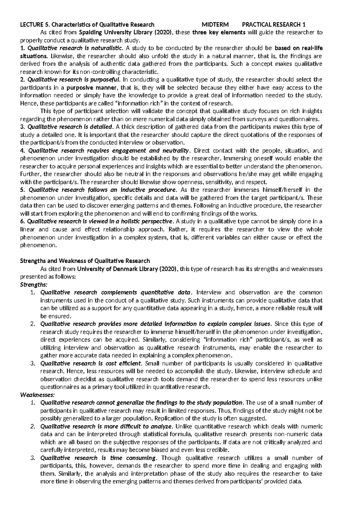 Lecture 5: Key Characteristics of Qualitative Research for MIDTERM ...