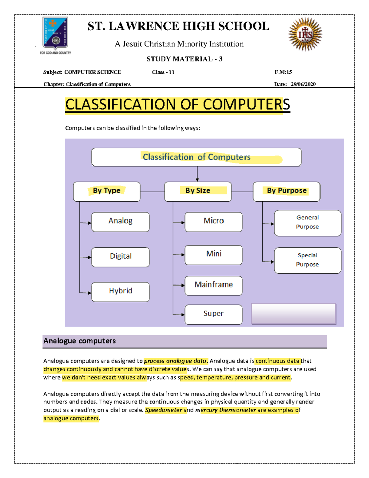 Classification of computers - ST. LAWRENCE HIGH SCHOOL A Jesuit Christian Minority Institution ...