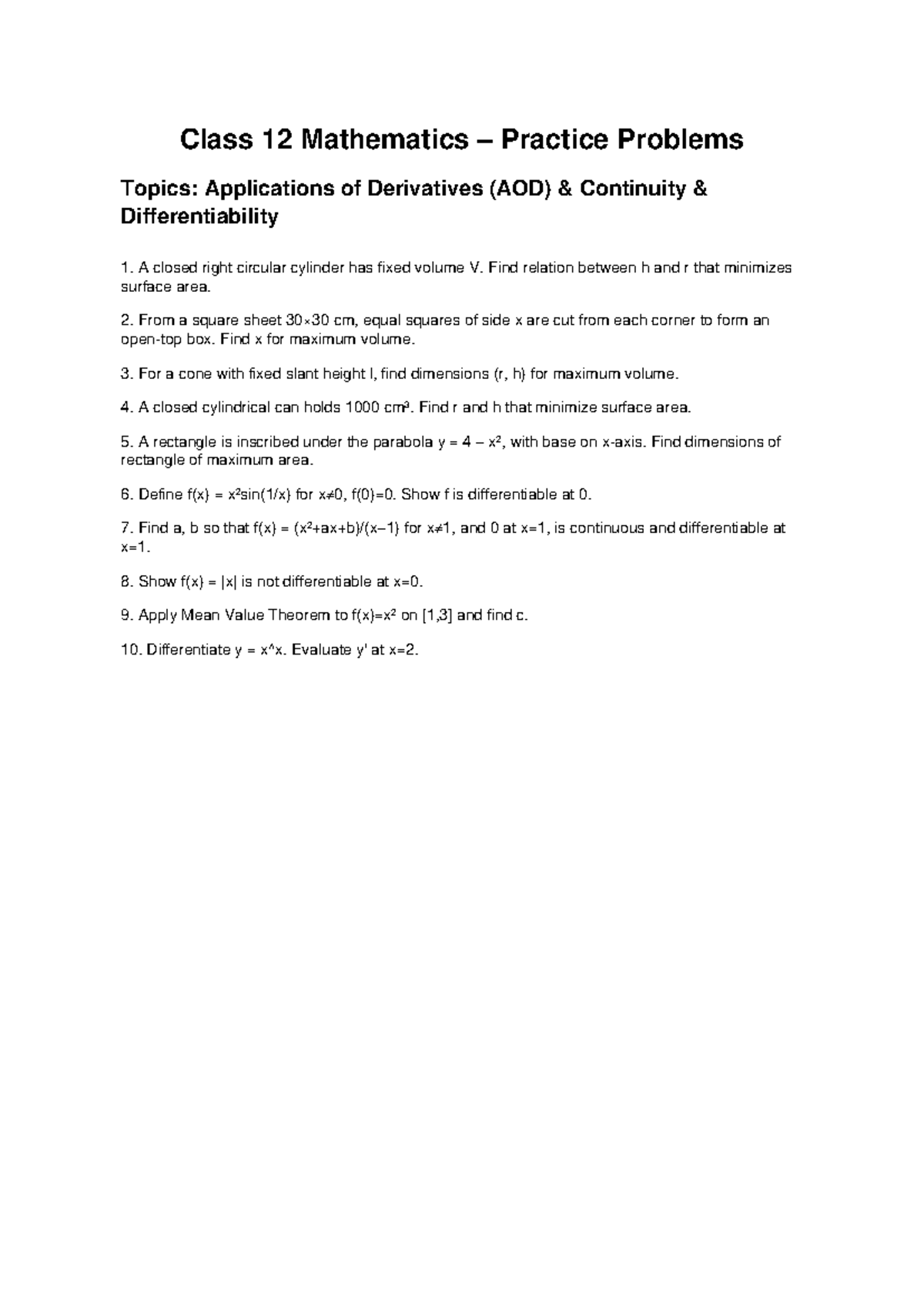 Class 12 Mathematics AOD Practice Problems on Derivatives - Studocu