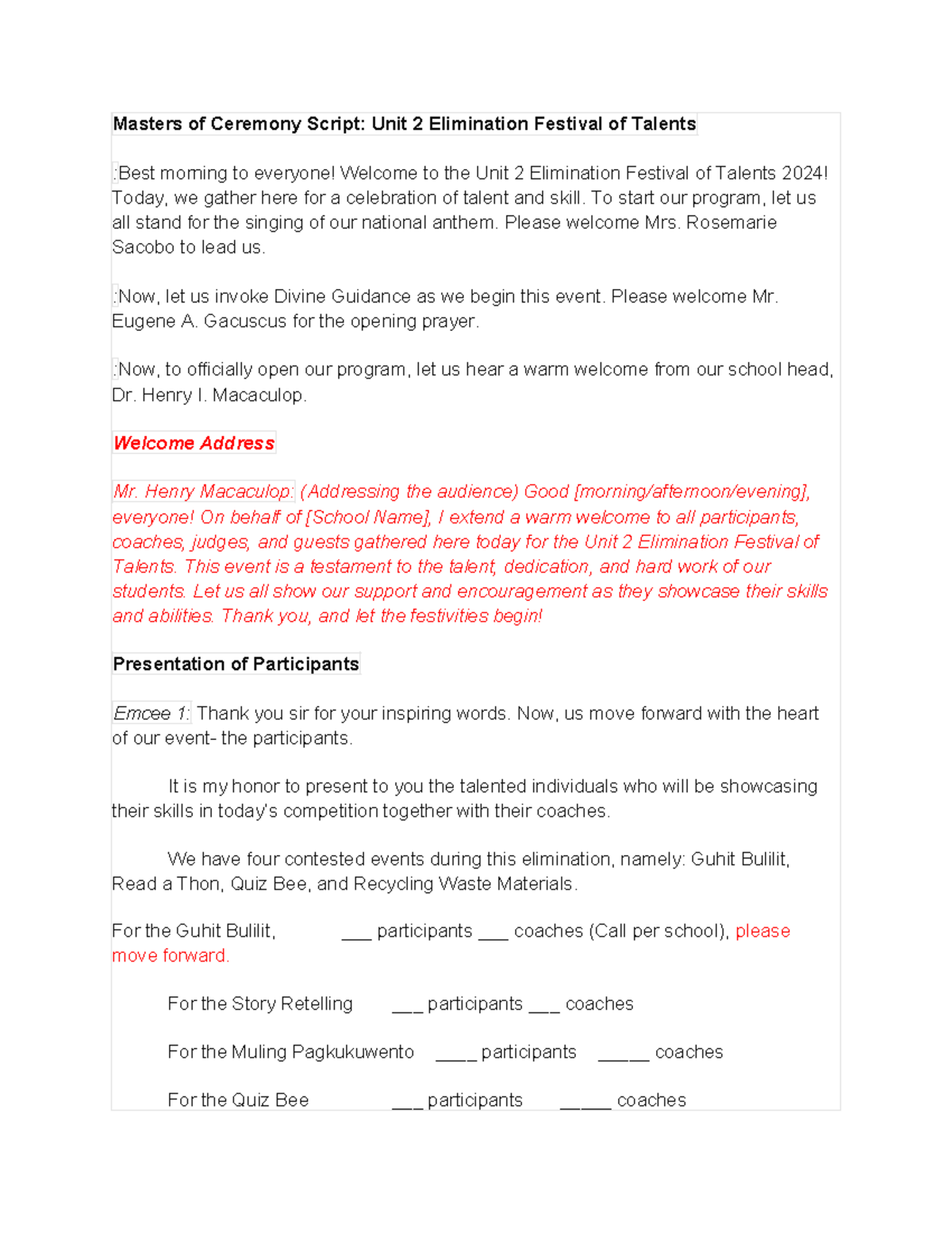 Script for festival of talents - Masters of Ceremony Script: Unit 2 ...