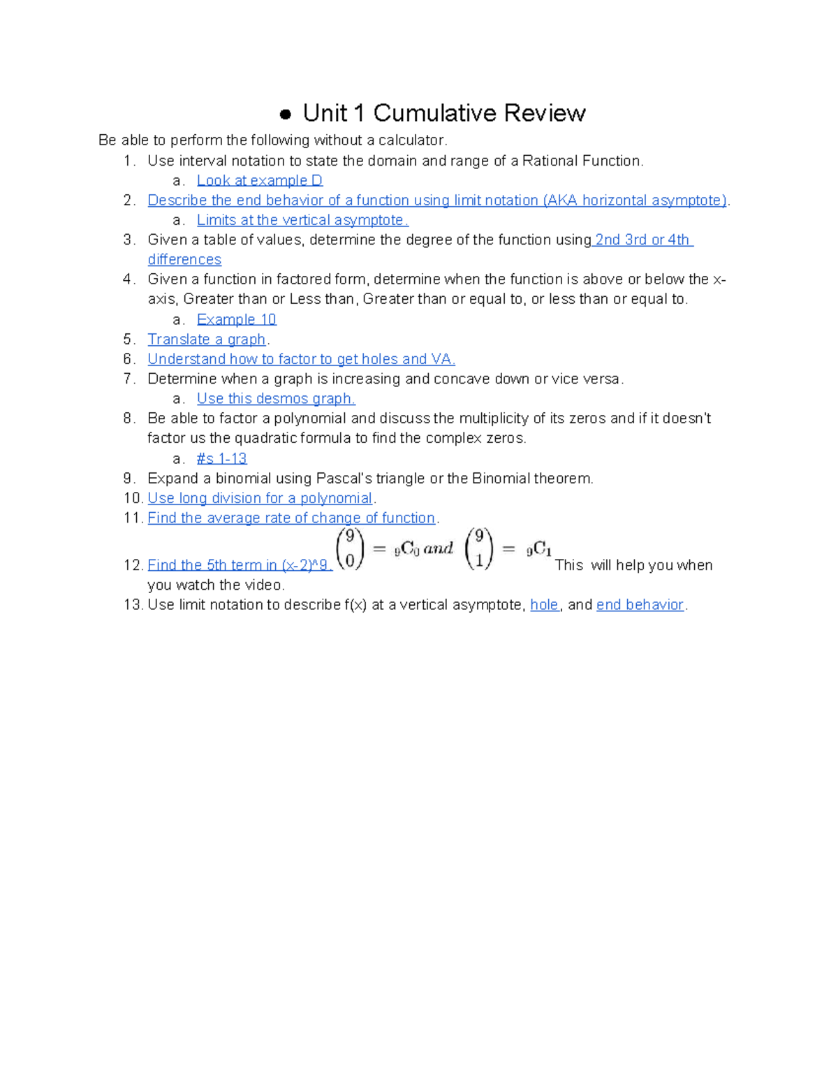 Unit 1 Cumulative Review: Rational Functions & Limits - Studocu
