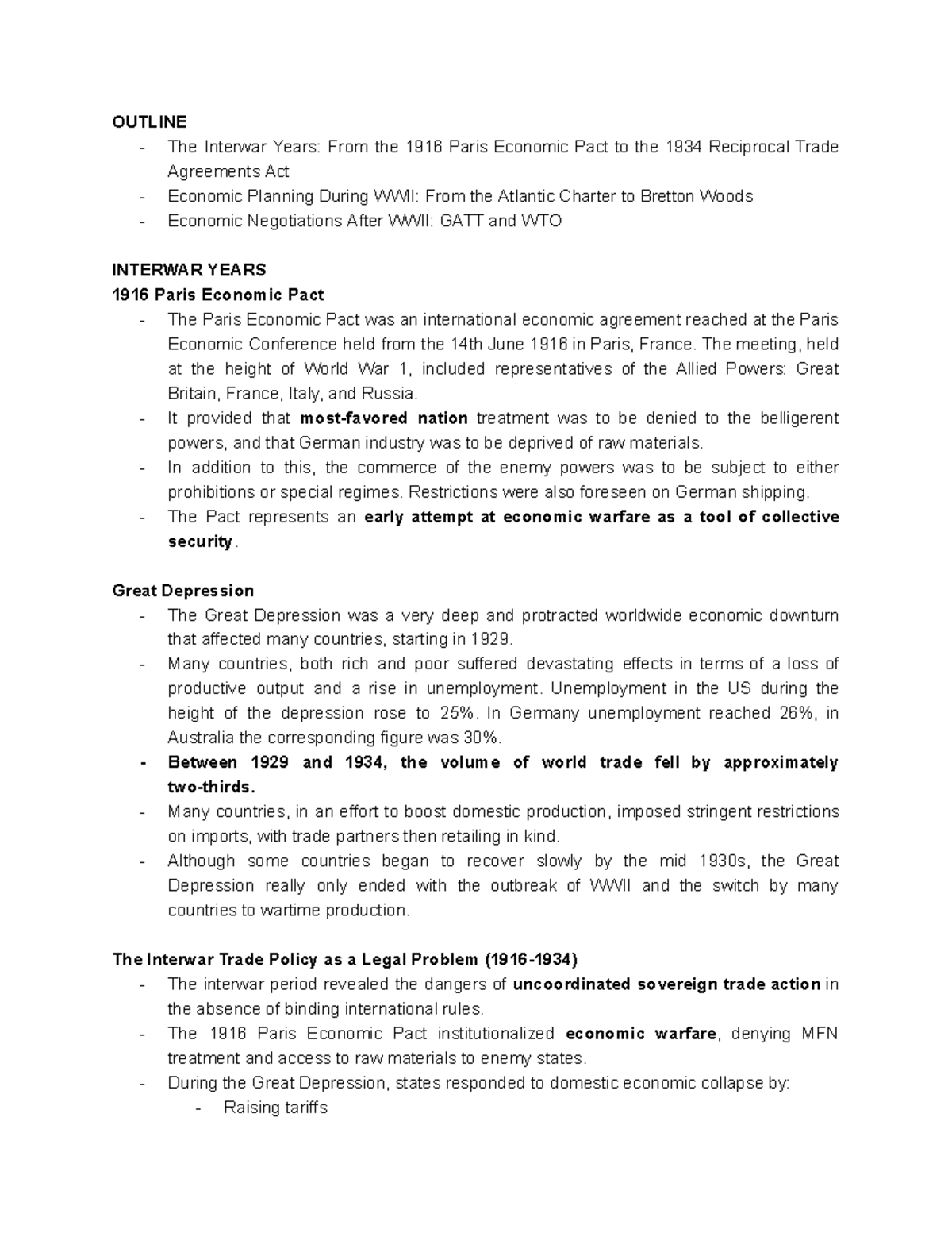 TERM 2 Notes: Economic Policies from the Interwar Years to GATT - Studocu