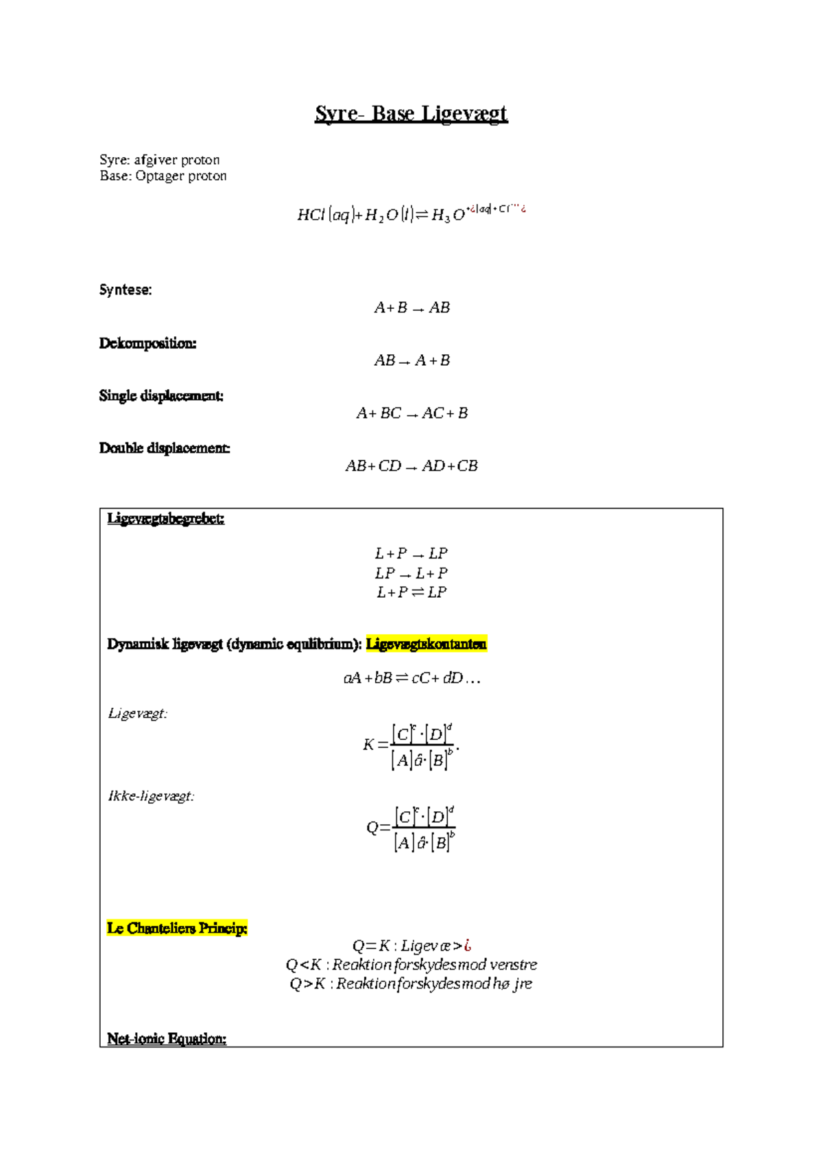 Syre-Base Ligevægte: Kemiske Principper og Ligevægtsbegreber - Studocu