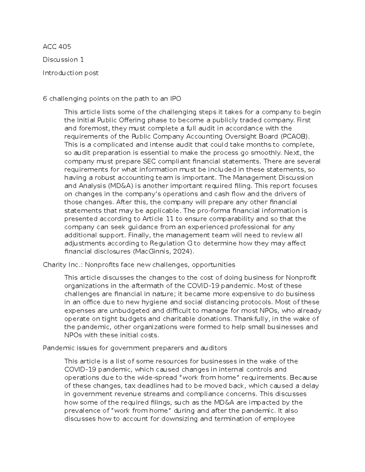 ACC 405 - Discussion 1: Intro to IPO Challenges & Nonprofit Insights ...
