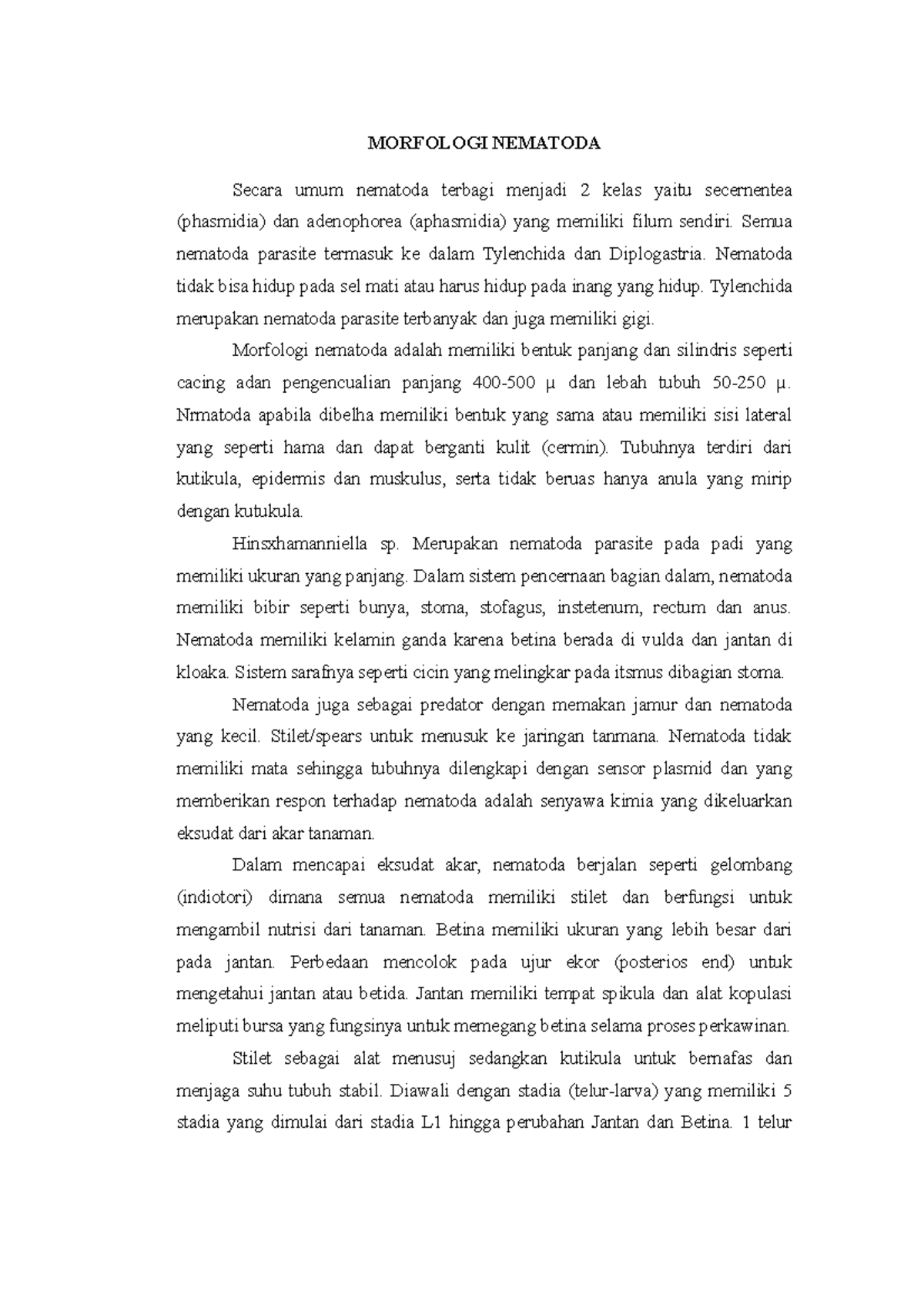 Morfologi Nematoda: Kelas Secernentea dan Adenophorea - Studocu