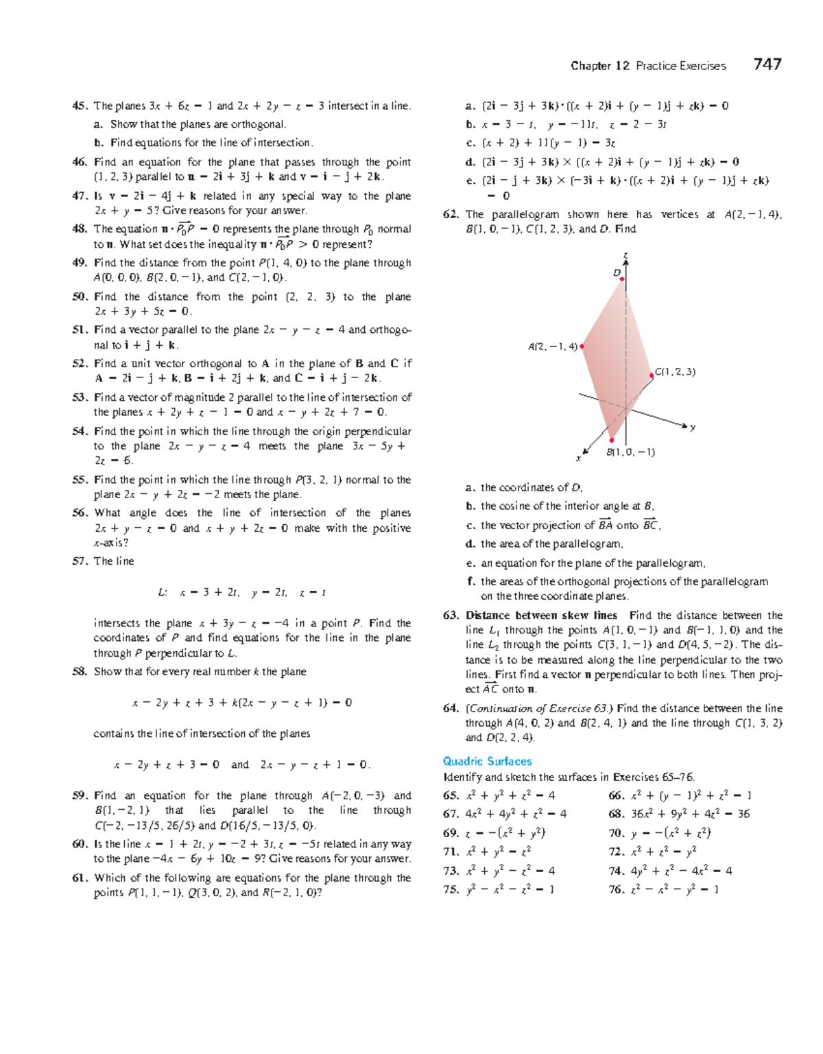 Chapter 12 Practice Exercises: Planes and Distances (Thomas Calculus ...