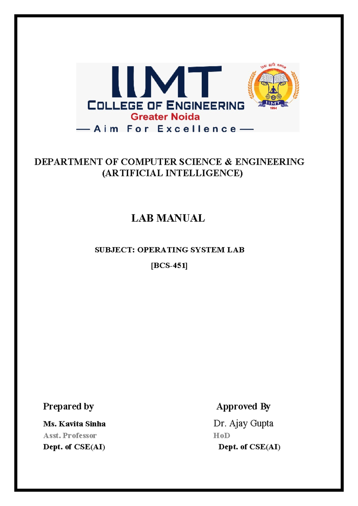 Operating System Lab Manual with Experiments [BCS-451] - Studocu