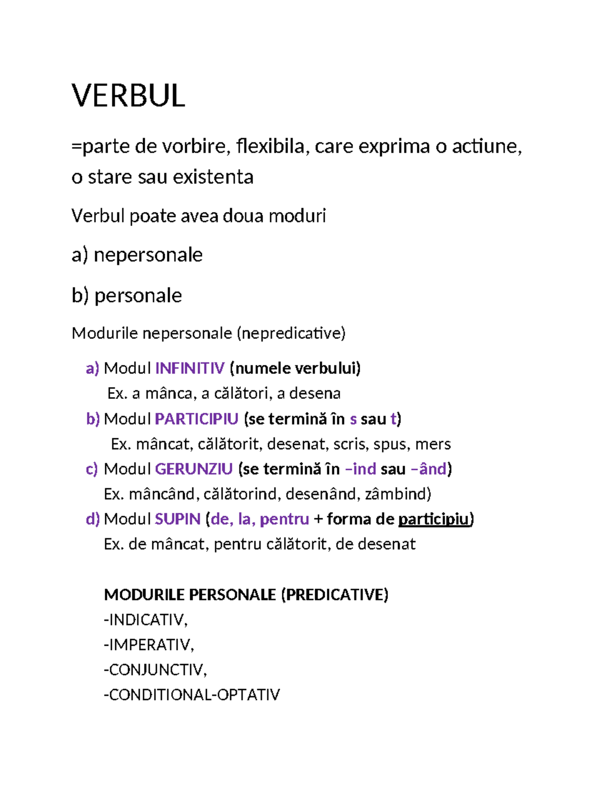 Verbul - Modurile și timpurile verbelor (Curs de gramatică) - Studocu