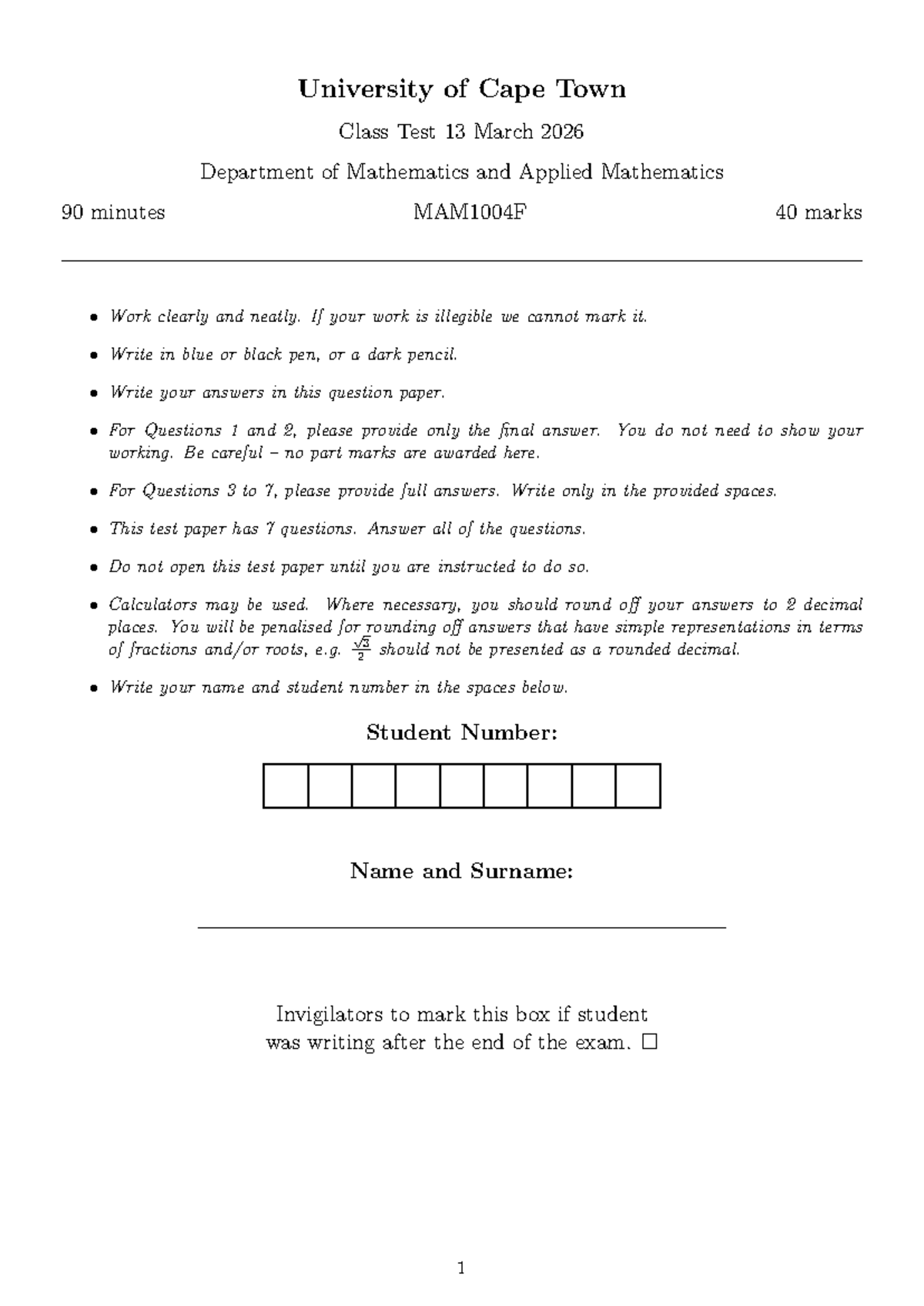 MAM1004F Class Test - Mathematics and Applied Mathematics - Studocu