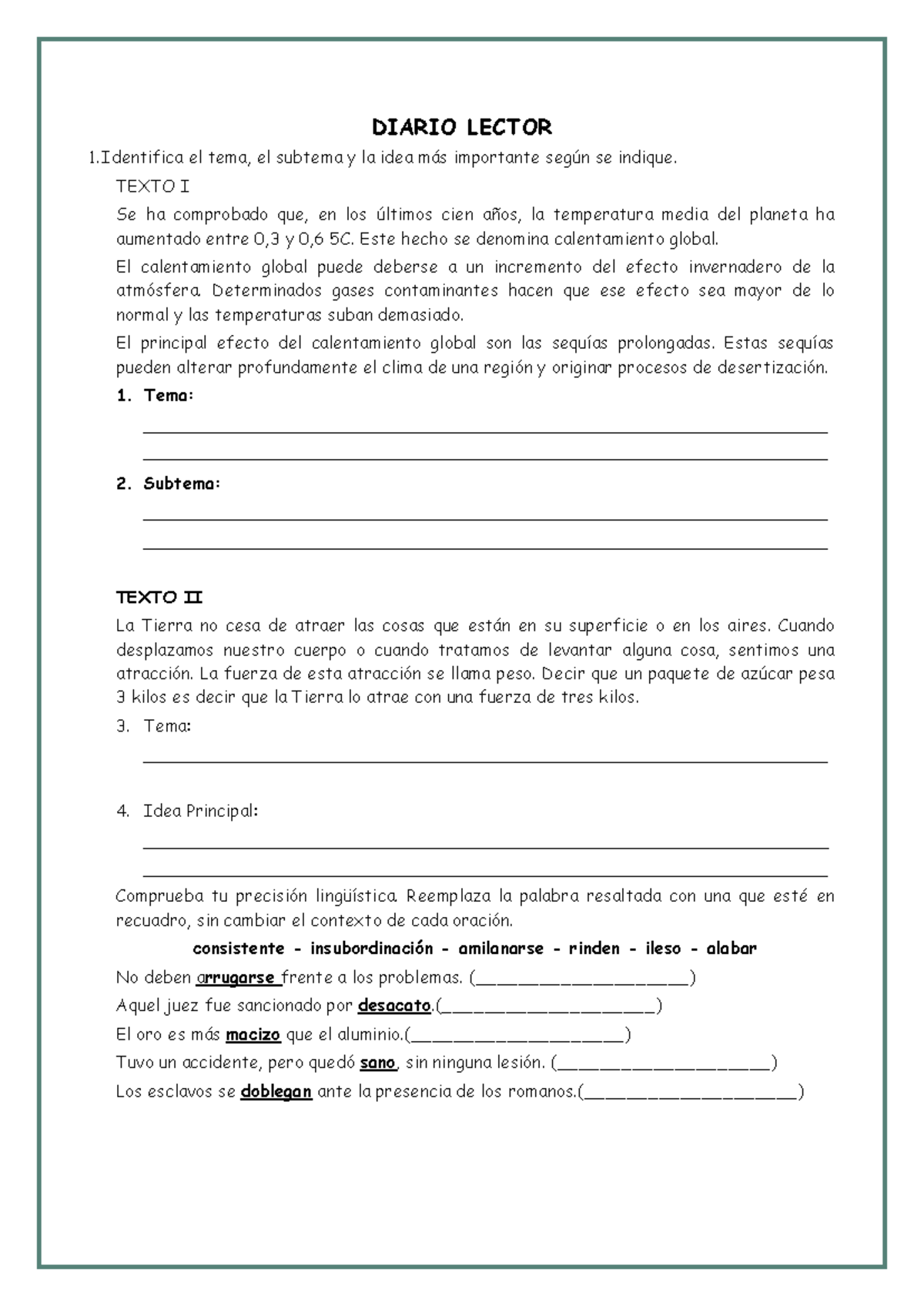 TEMA-IDEA Principal IDEA Secundaria Ficha - DIARIO LECTOR Identifica el ...