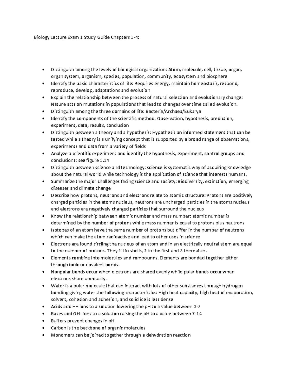 Biology 101: Lecture Exam 1 Study Guide on Biological Concepts - Studocu