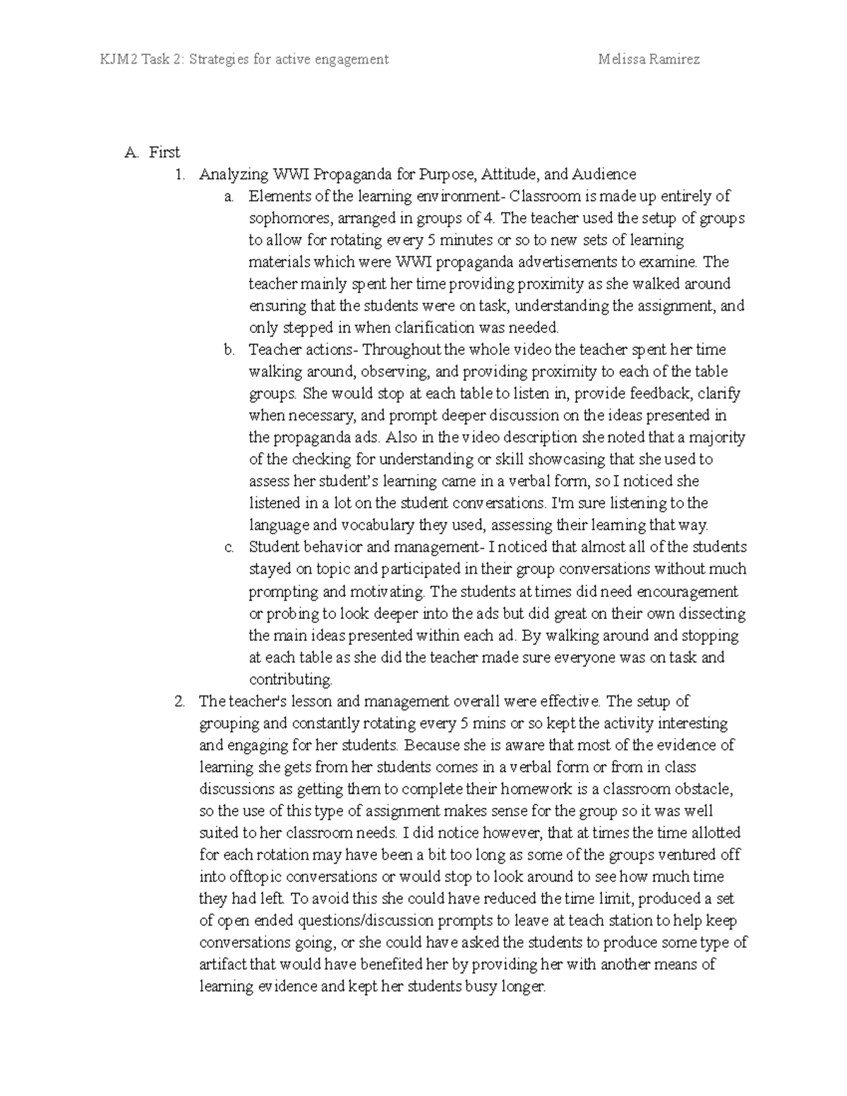 D170 KJM2 Task 2 Strategies for active engagement - A. First 1 ...