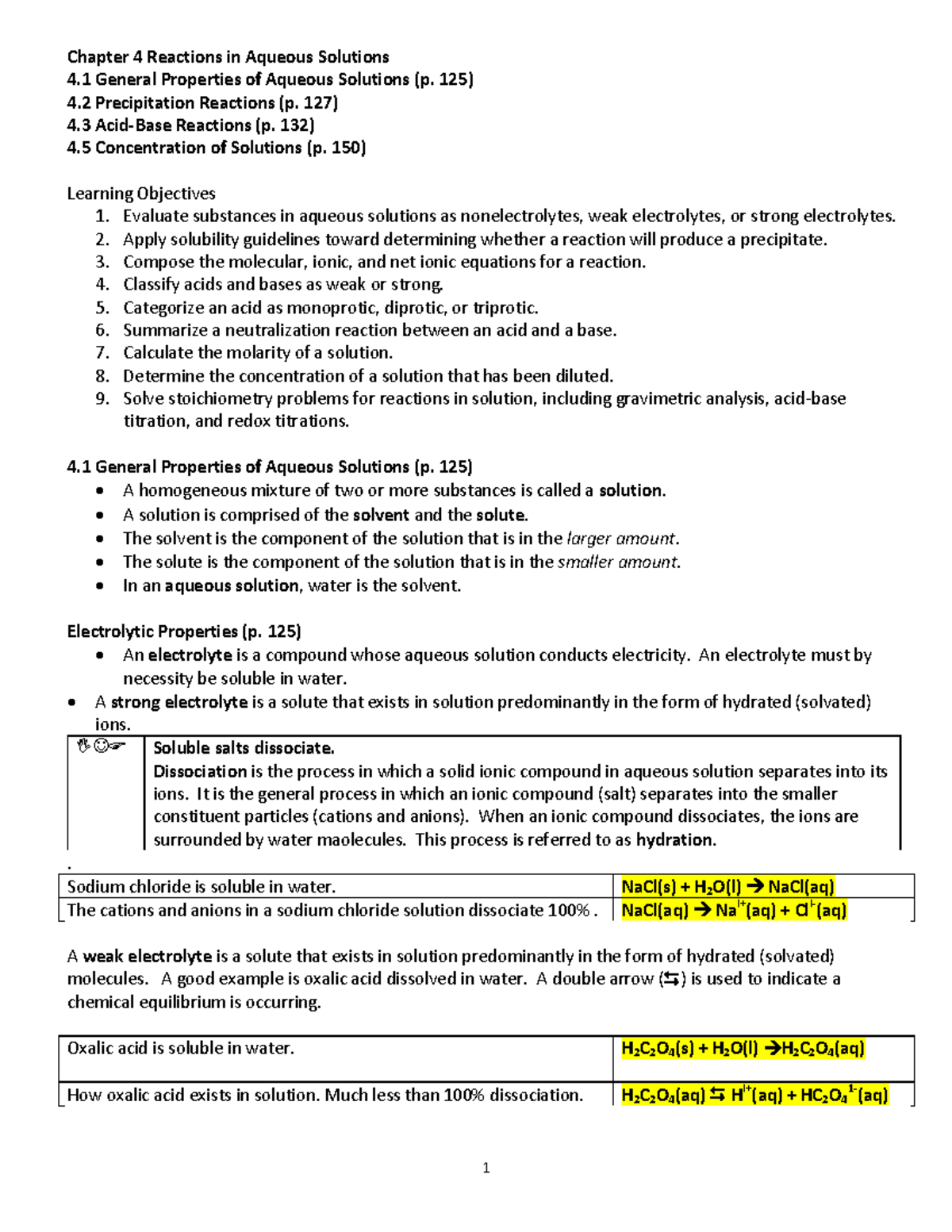 Chem 100 Chapter 4: Reactions in Aqueous Solutions - Spring 2022 Notes ...