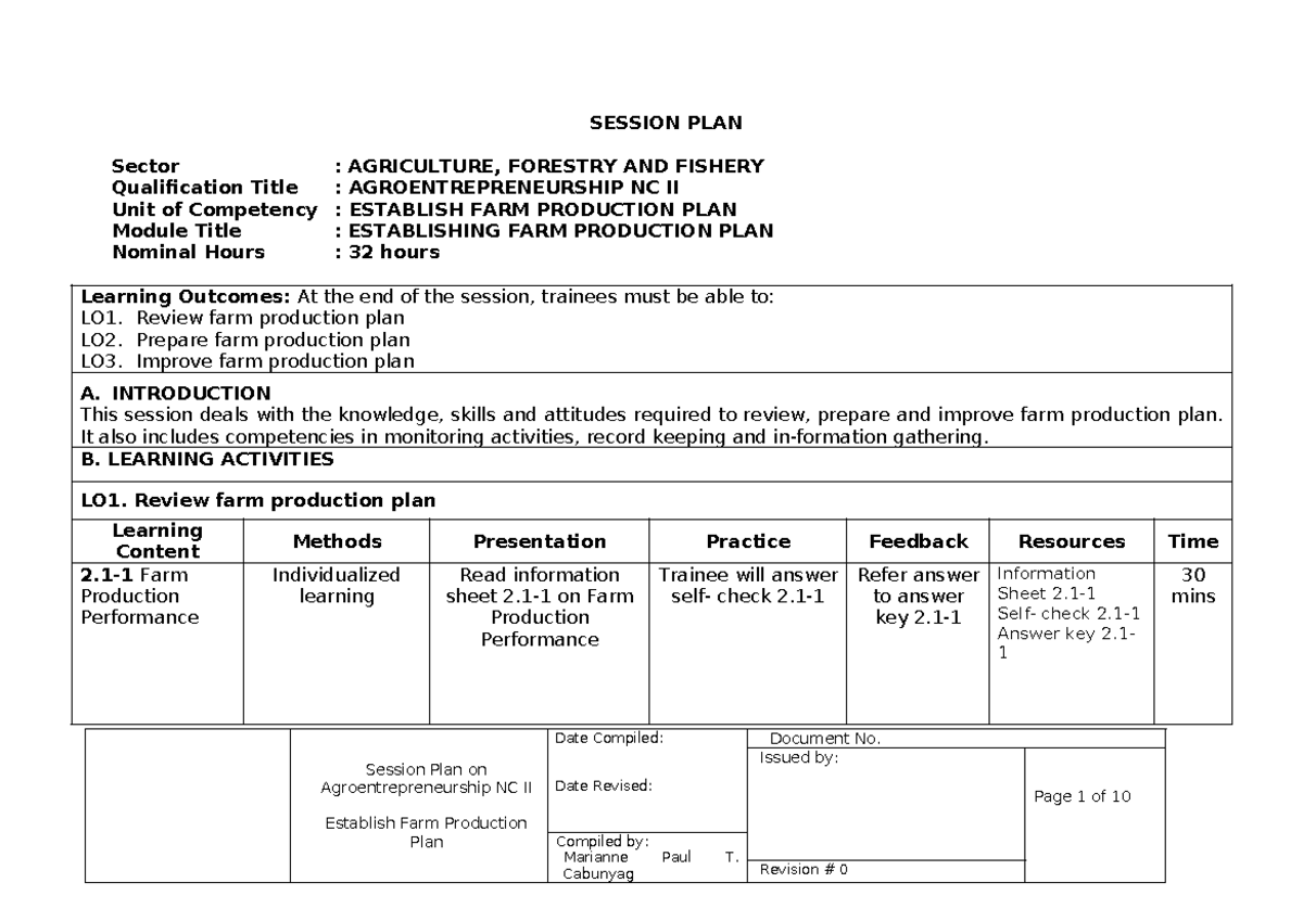 Session Plan: Establishing Farm Production Plan for ...