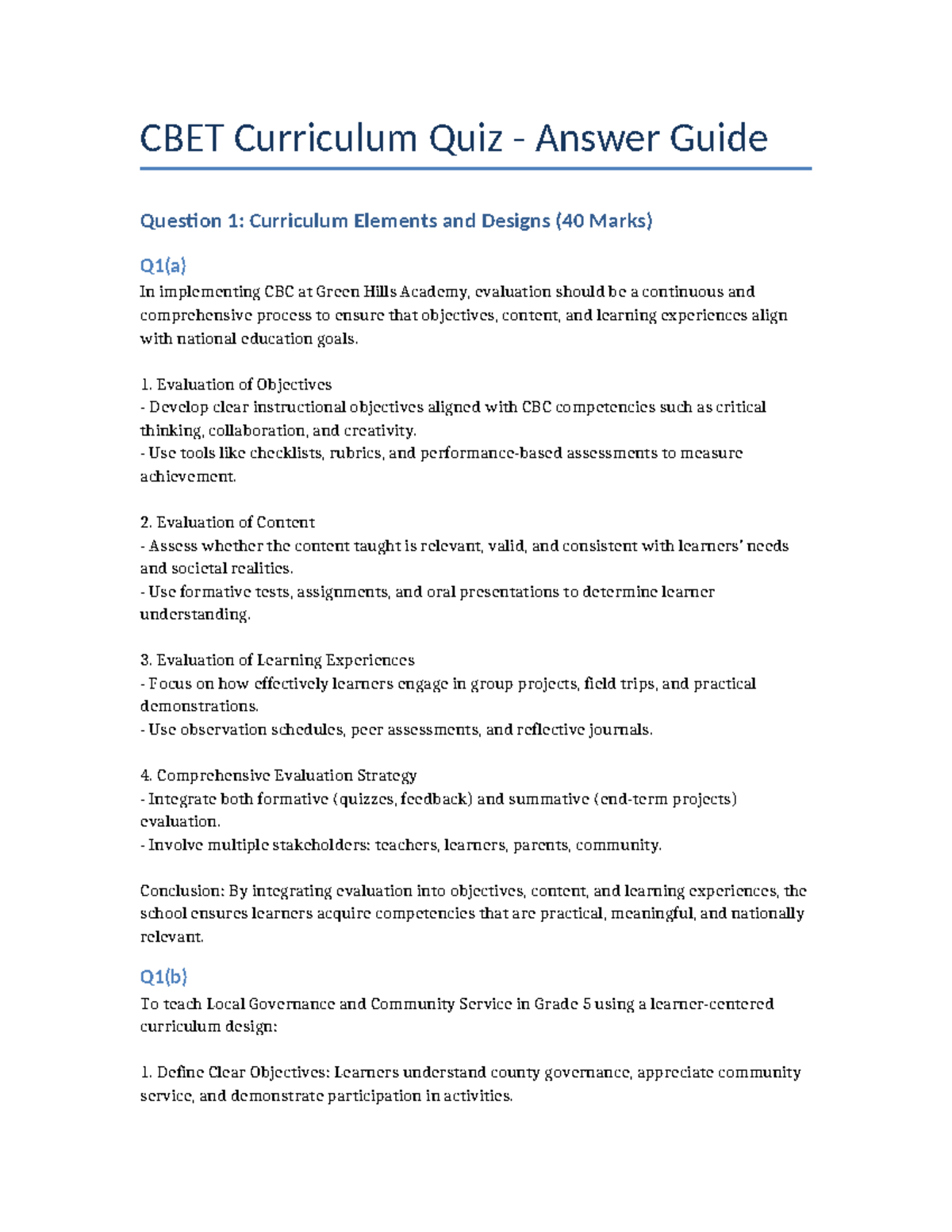 CBET Curriculum Quiz Answer Guide: Key Concepts & Evaluations - Studocu
