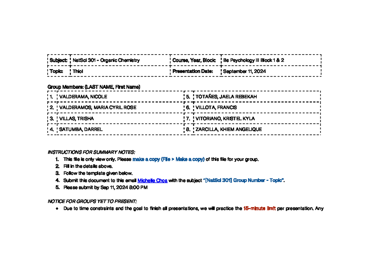 [Nat Sci 301] Group 5 - Thiol Structure and Examples Notes - Studocu