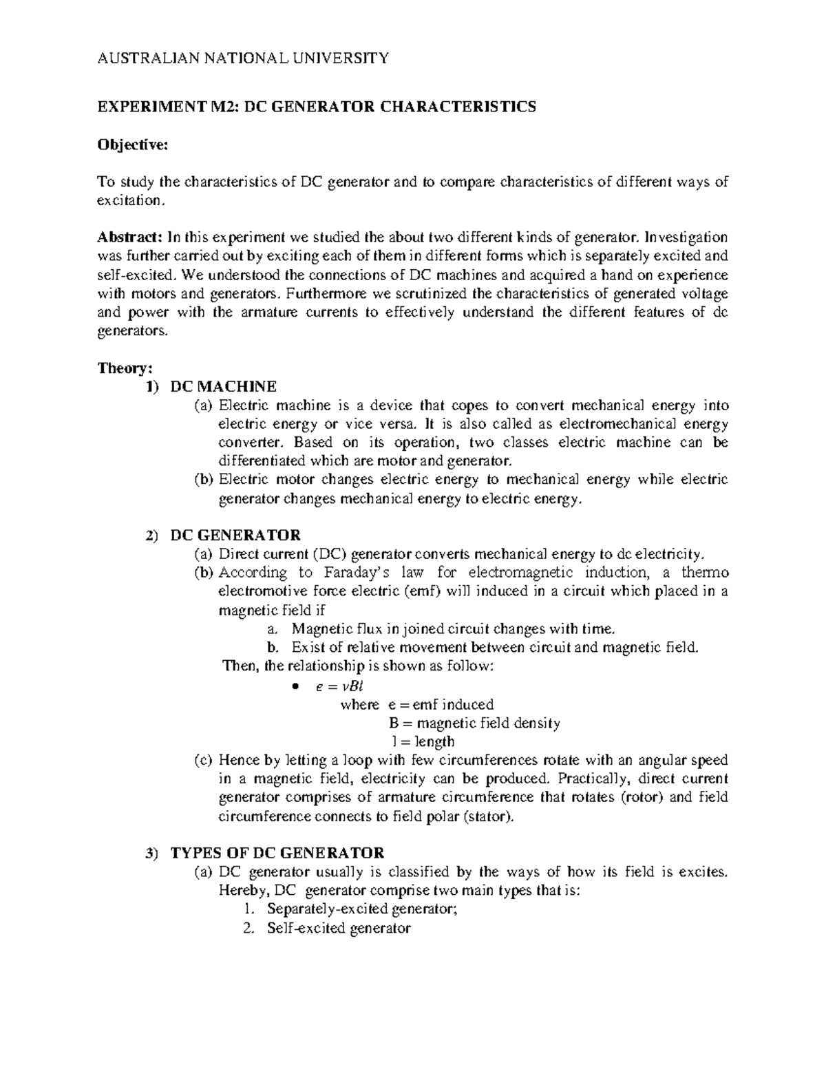 DC Generator Characteristics: Lab Report ENGN 2218 A+ Analysis - Studocu
