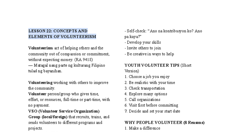 Finals NSTP: Concepts and Elements of Volunteerism and Youth Roles ...
